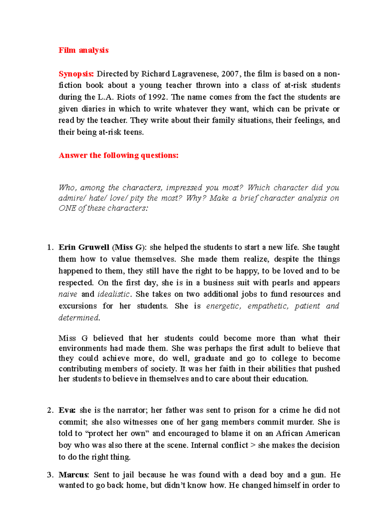 Freedom writers questions and answers - Film analysis Synopsis ...