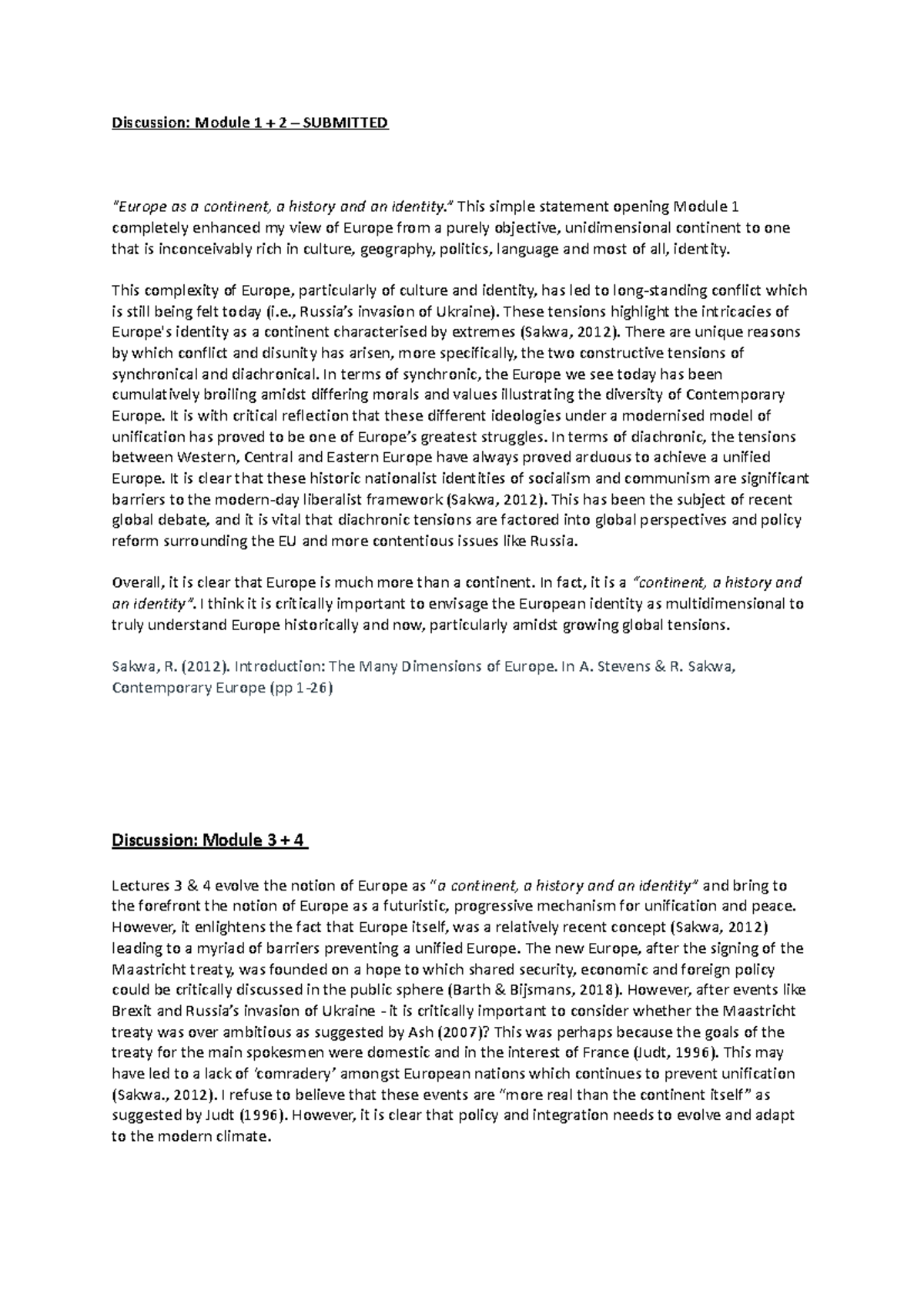 Assignment - Discussion: Module 1 + 2 – SUBMITTED "Europe as a ...