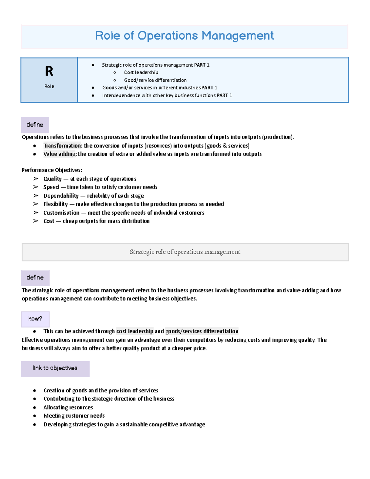 Business Studies — Operations - Role of Operations Management R Role ...
