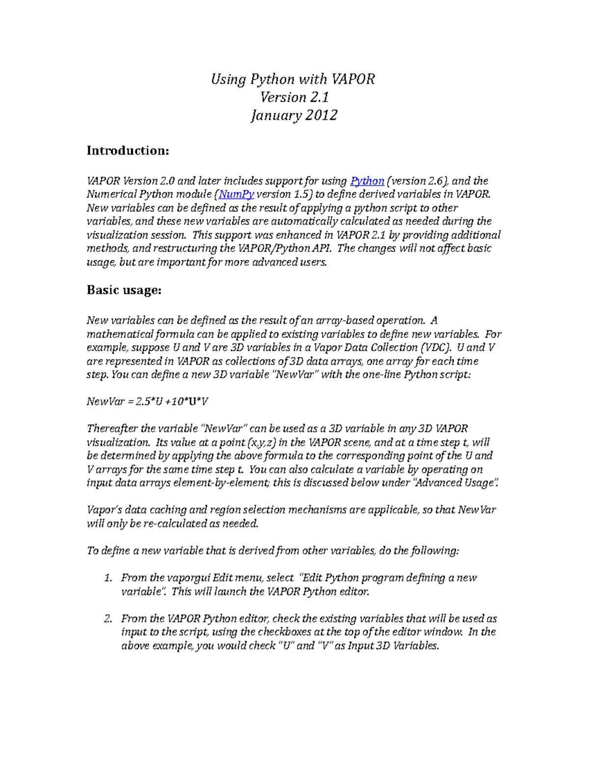 Vapor Python Guide - Using Python with VAPOR Version 2. January 2012 ...