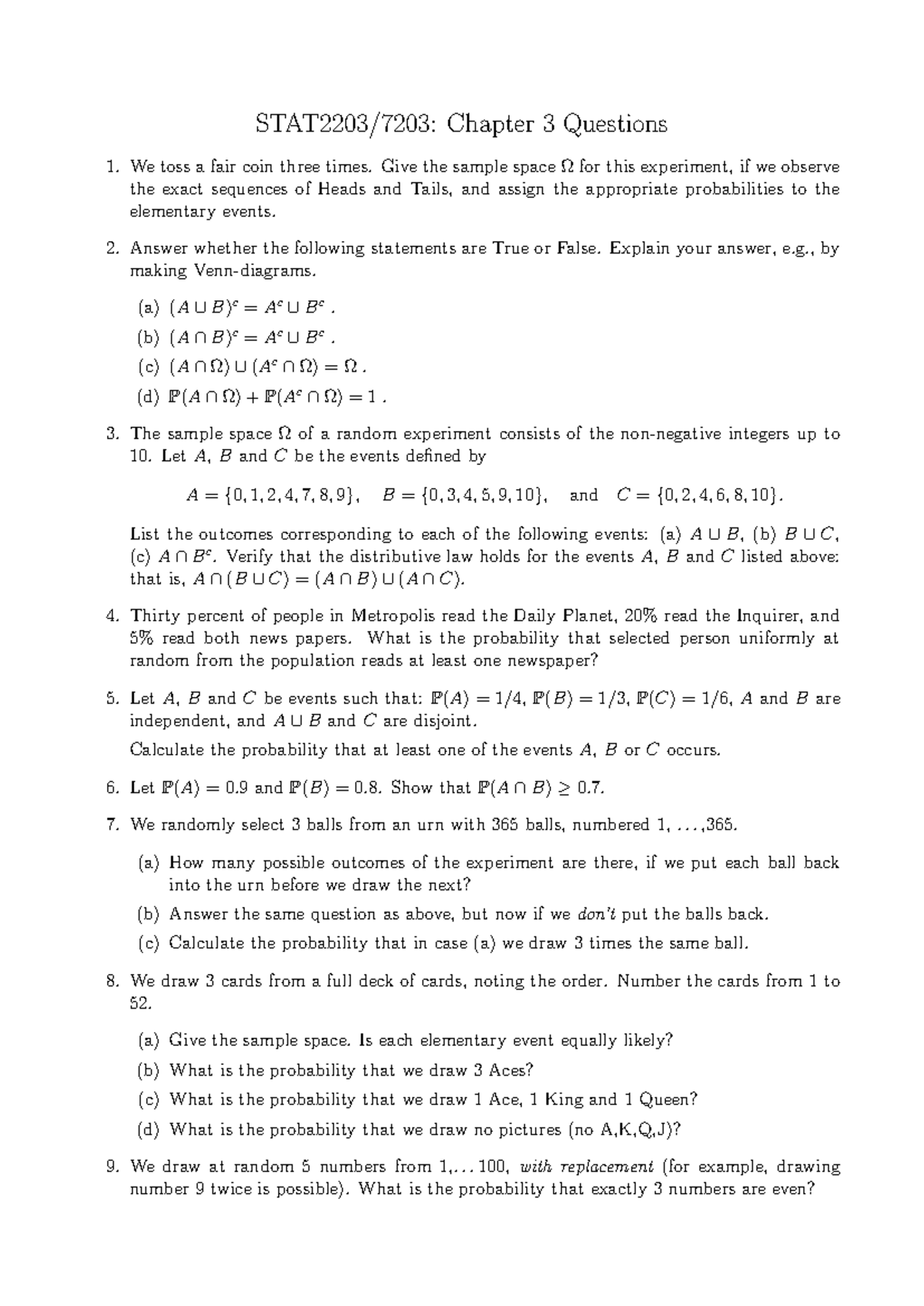 Chapter 3 Questions - Chaper 3 Exercises - STAT2203/7203: Chapter 3 ...