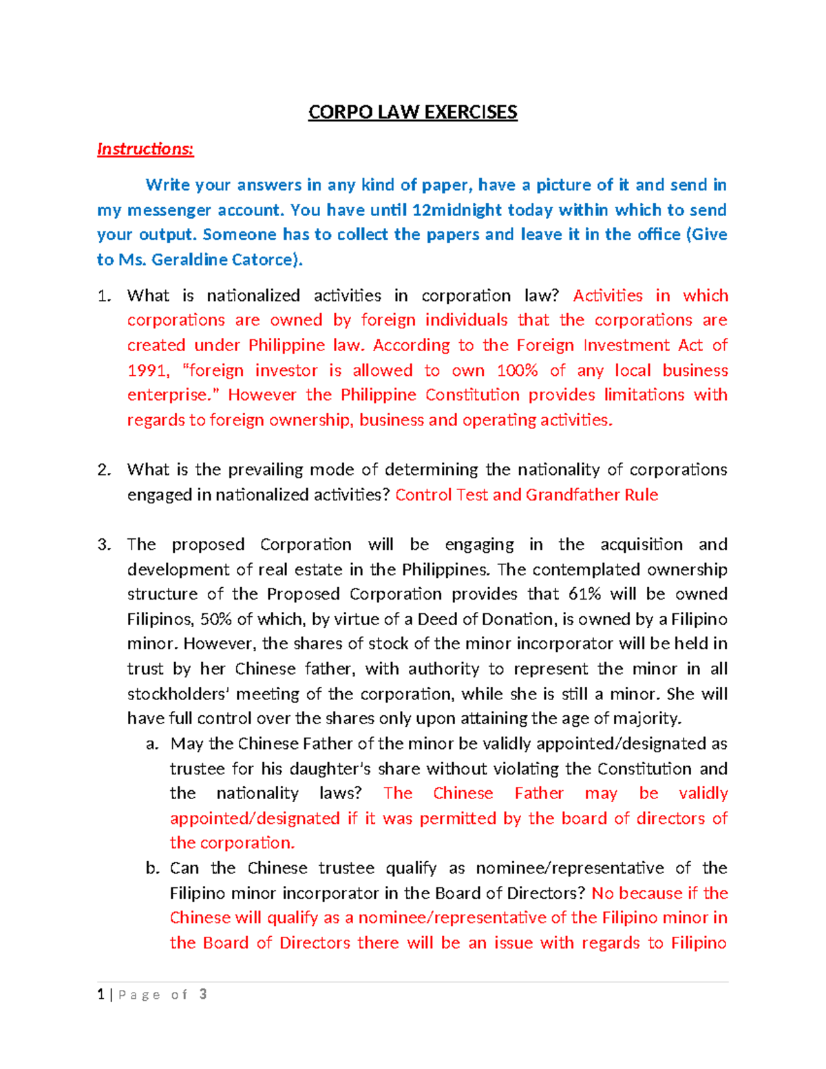 Corpo-LAW- Exercises - .... - CORPO LAW EXERCISES Instructions: Write ...