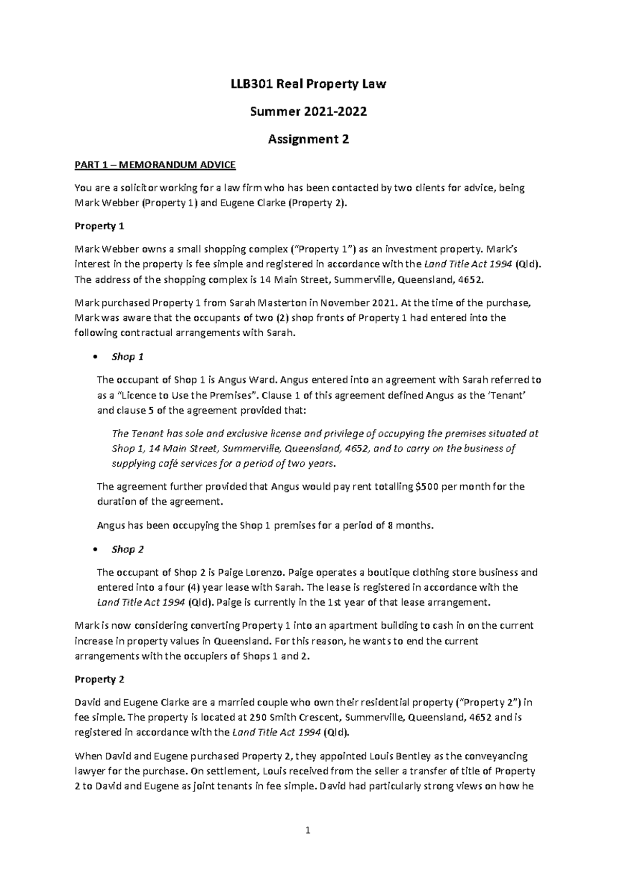 LLB301 Assignment 2 Summer 2021 - 1 LLB301 Real Property Law Summer 2021- Assignment 2 PART 1 ...