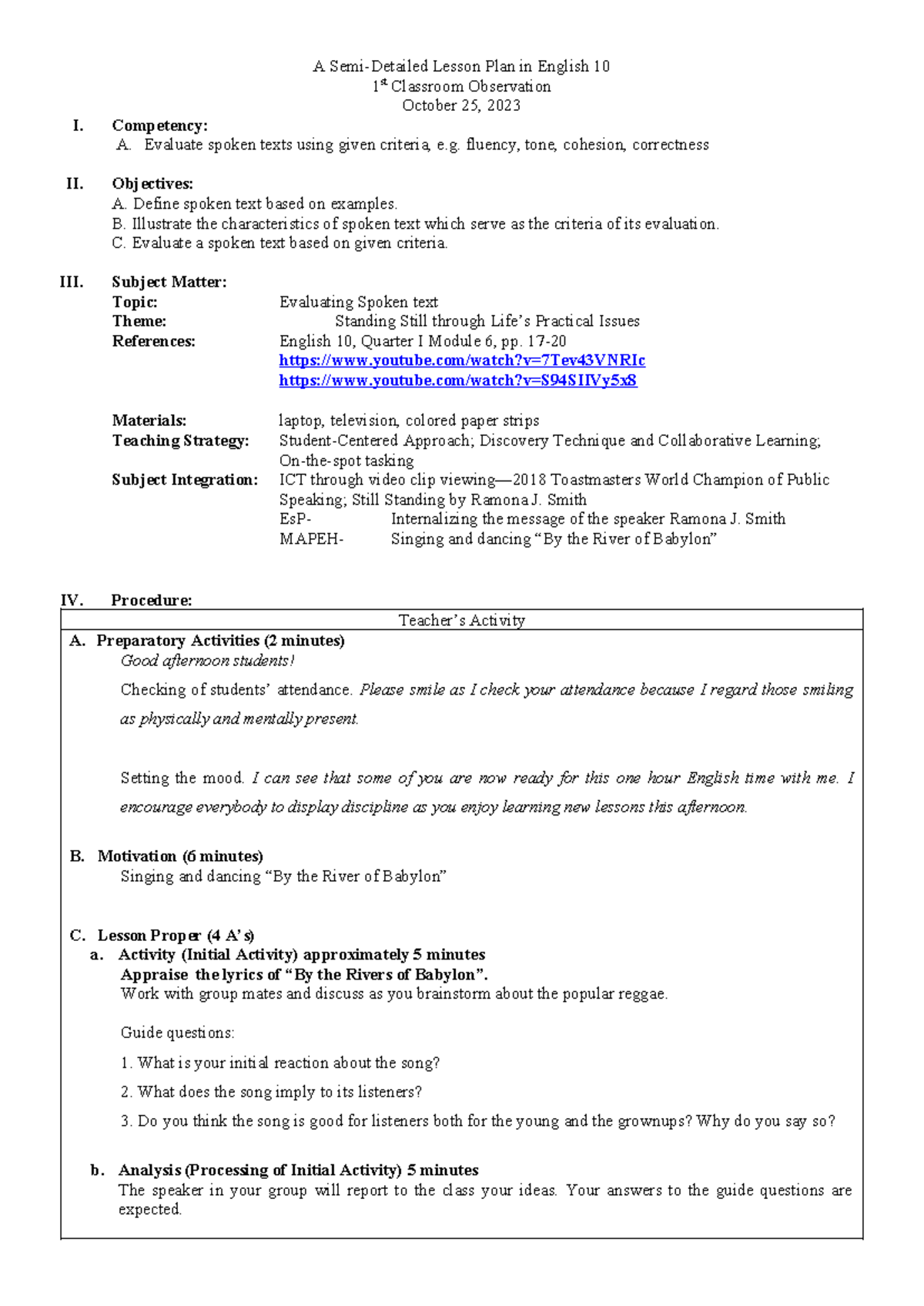 COT lesson plan - A Semi-Detailed Lesson Plan in English 10 1 st ...