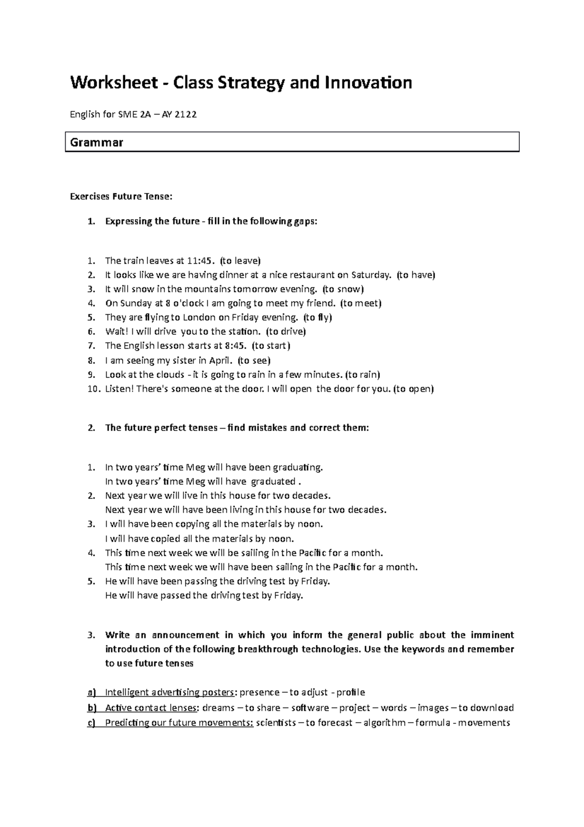 Worksheet class Strategy and Innovation - Worksheet - Class Strategy ...