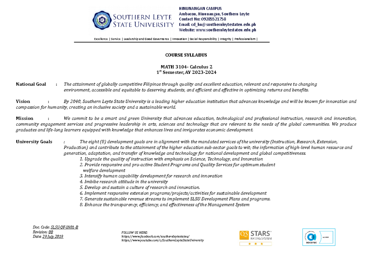 Syllabus- Calculus 2 - this is a comprehensive material - COURSE SYLLABUS MATH 3104- Calculus 2 ...