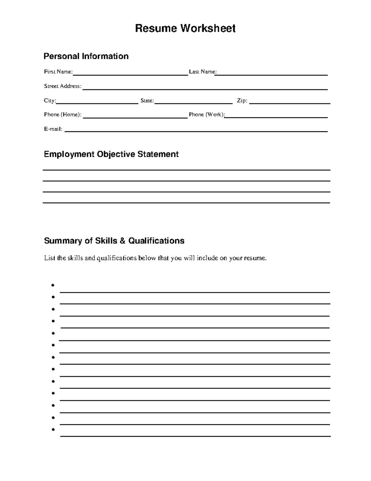 Resume Builder Worksheet - Resume Worksheet Personal Information First ...