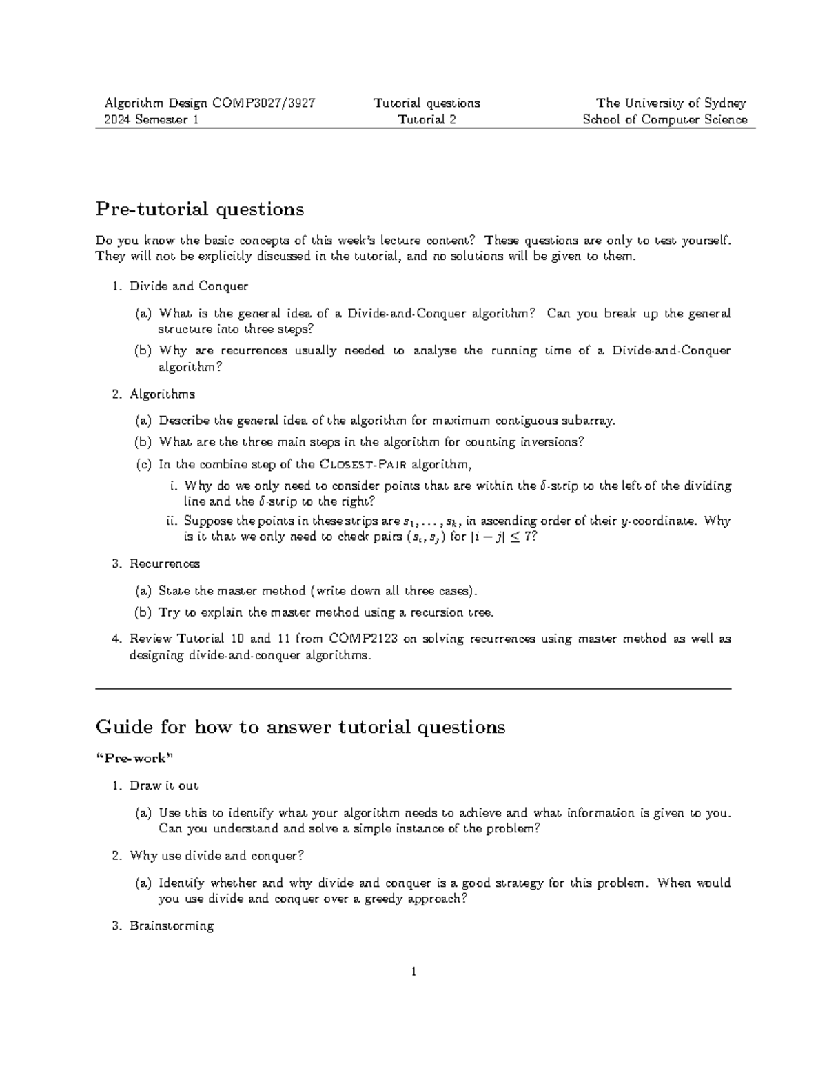 Week 2 Tutorial 2 3x27 Question Algorithm Design Comp3027 3927 Tutorial Questions The