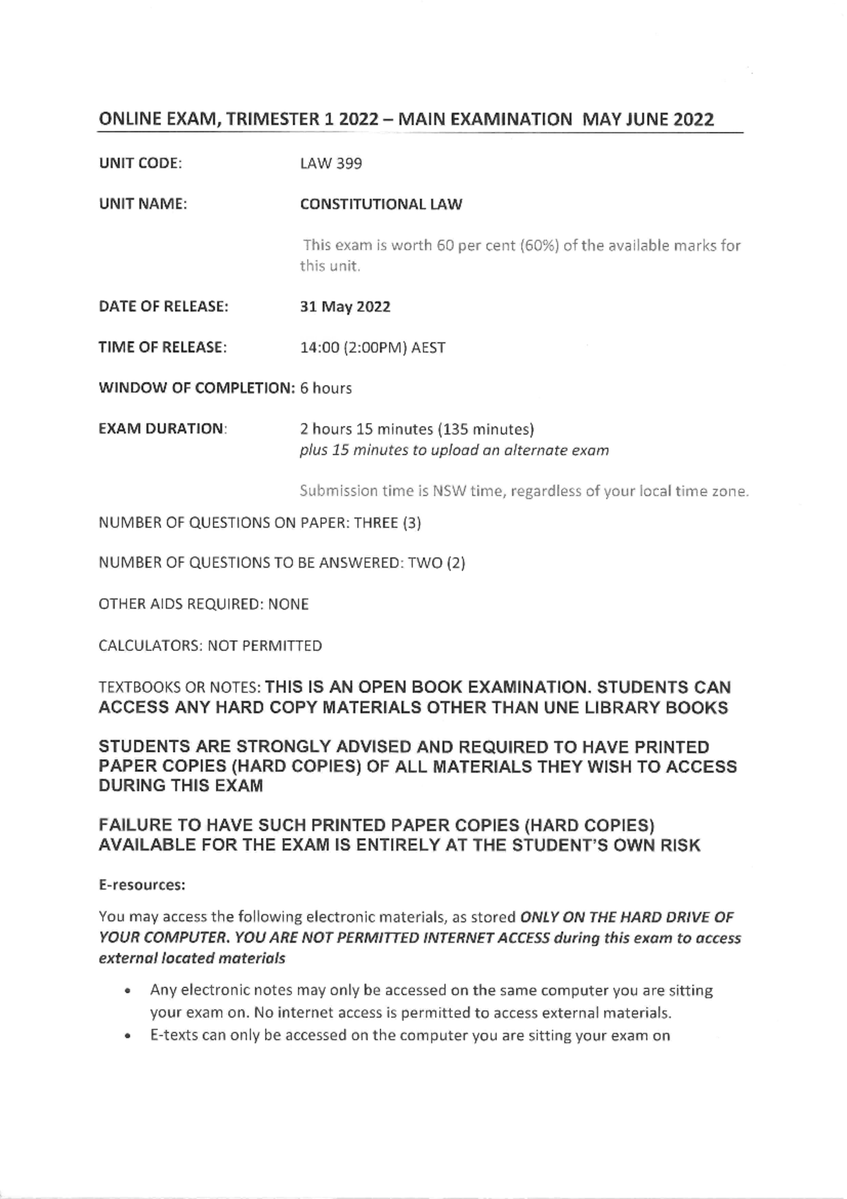 LAW399 2022 EXAM Main End of trimester May June - ONLINE EXAM, TRIMESTER 1 2022 — MAIN ...