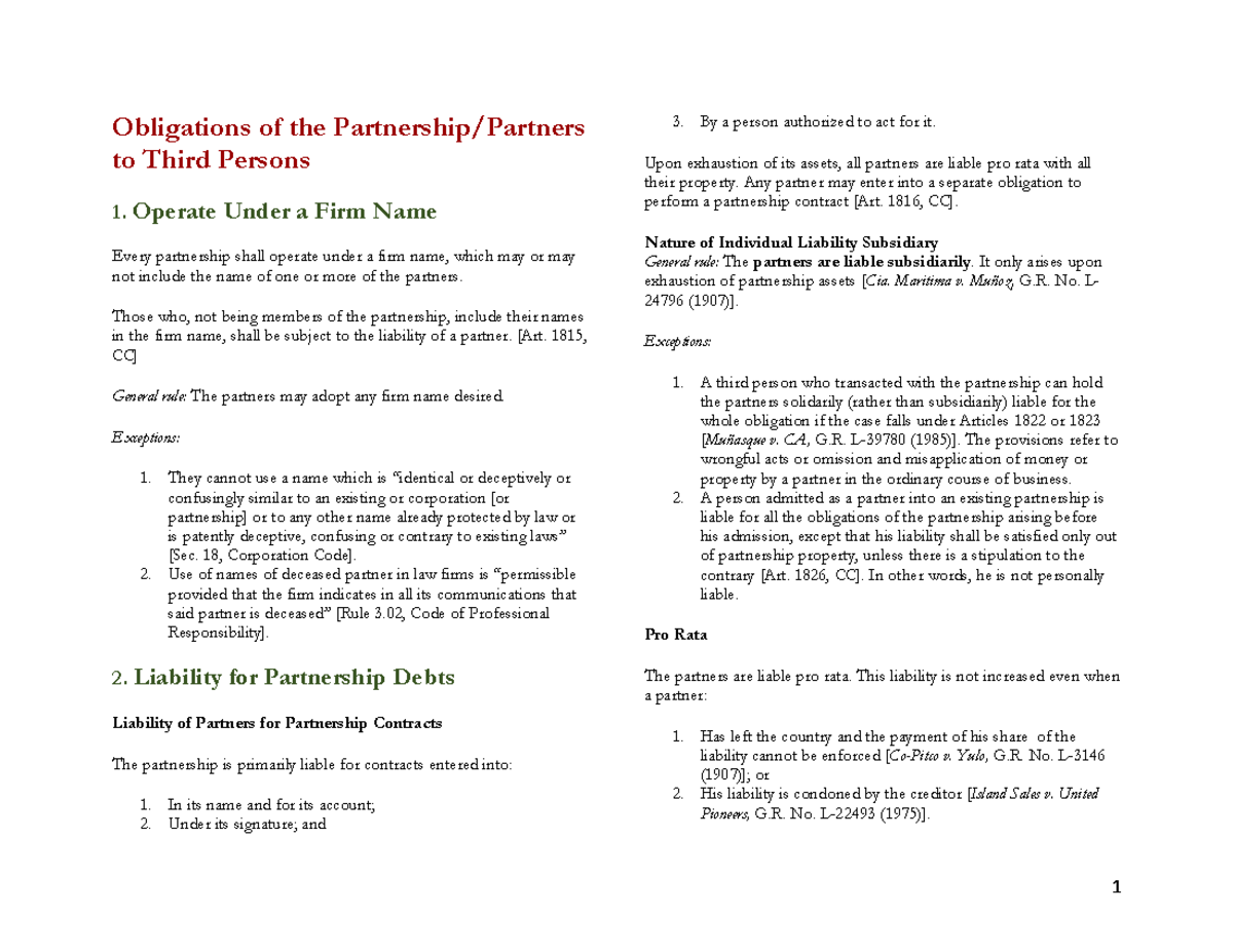 Partnership (handout) - Obligations of the Partnership/Partners to ...