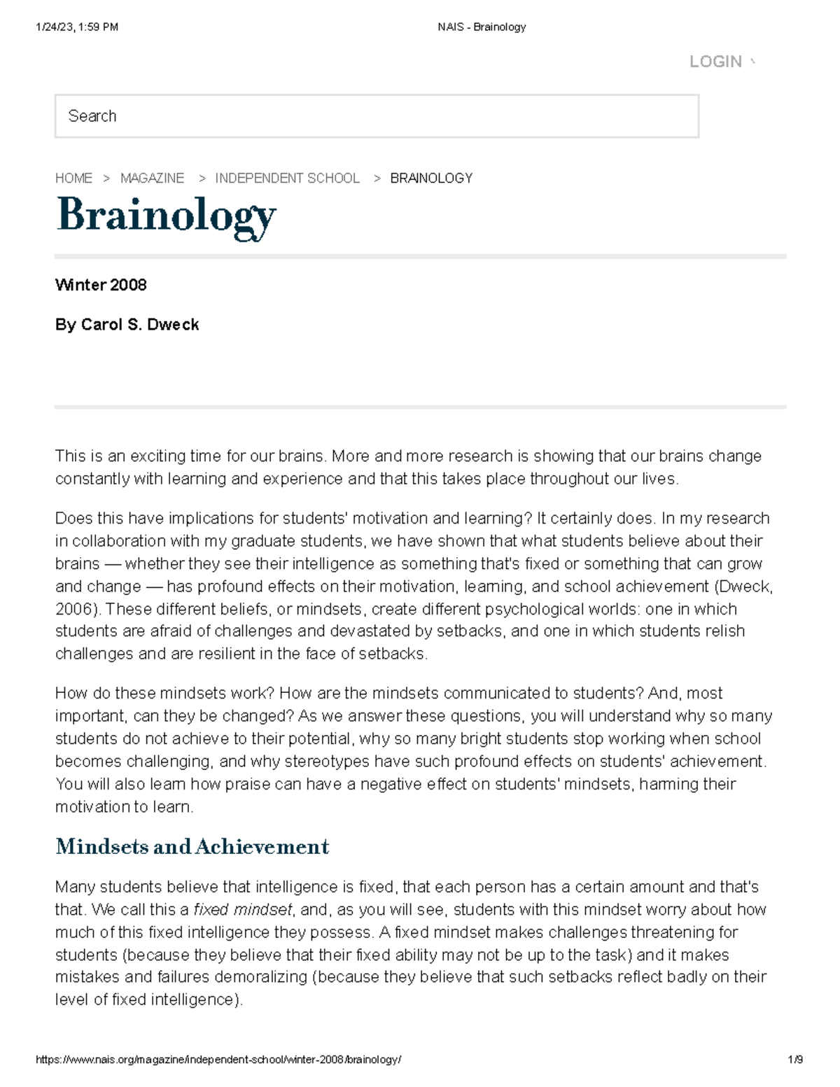 NAIS - Brainology - HOME > MAGAZINE > INDEPENDENT SCHOOL > BRAINOLOGY ...