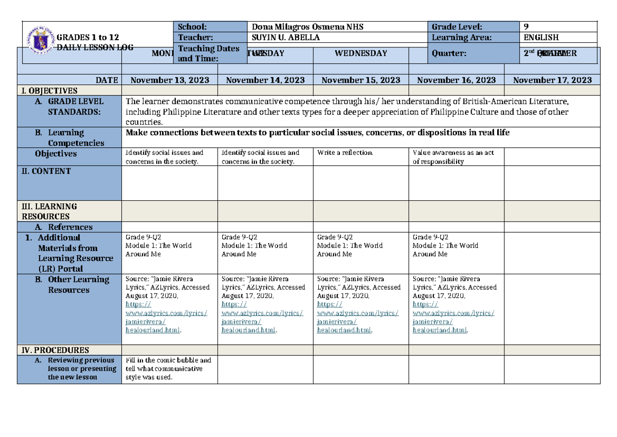 DLL english 9-q2 - MONDAY TUESDAY WEDNESDAY THURSDAY FRIDAY DATE ...