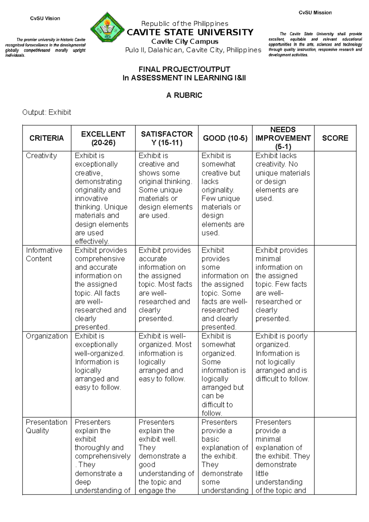 Final Project in Assessment IN Learning Rubric - FINAL PROJECT/OUTPUT ...