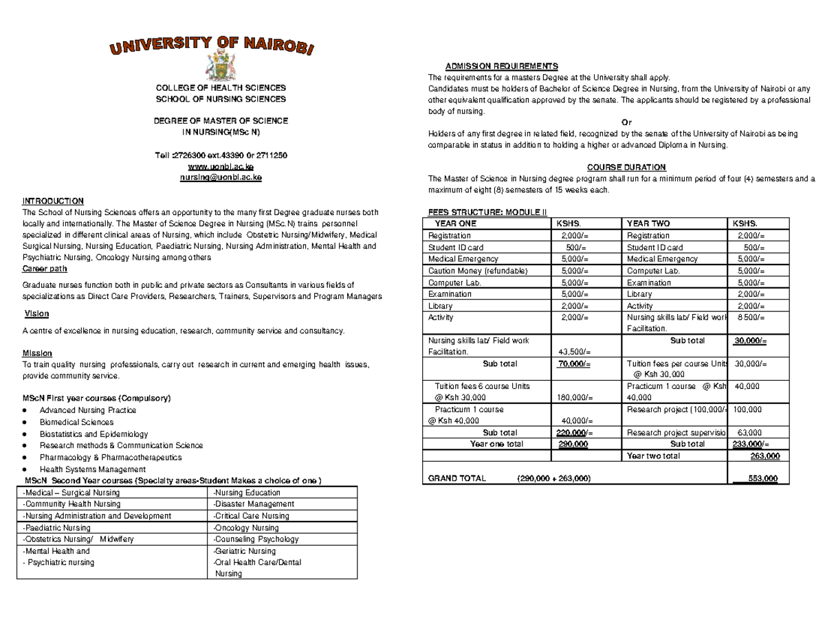 Master of science in nursing brochure 0 - Public health - UoN - Studocu