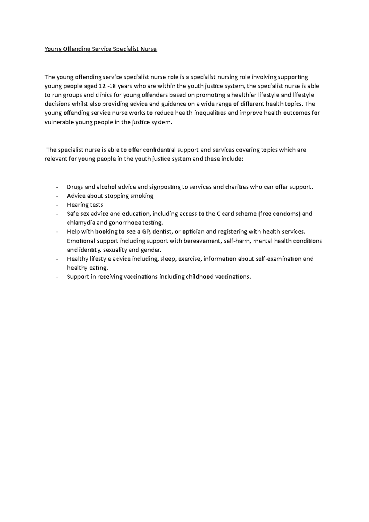 Young Offending Service Specialist Nurse - The young offending service ...