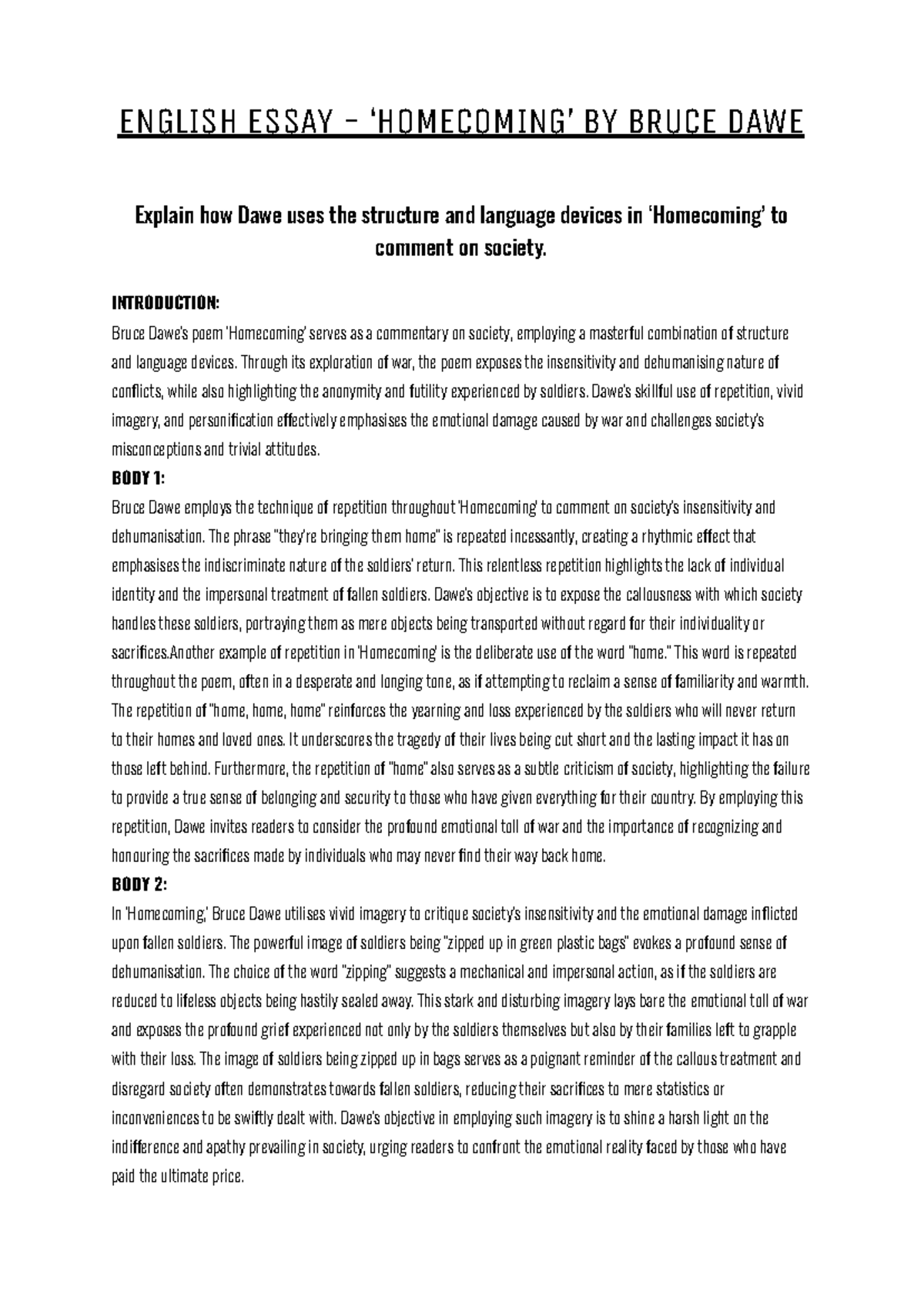 English Standard Essay ' Homecoming' by Bruce Dawe - ENGLISH ESSAY ...