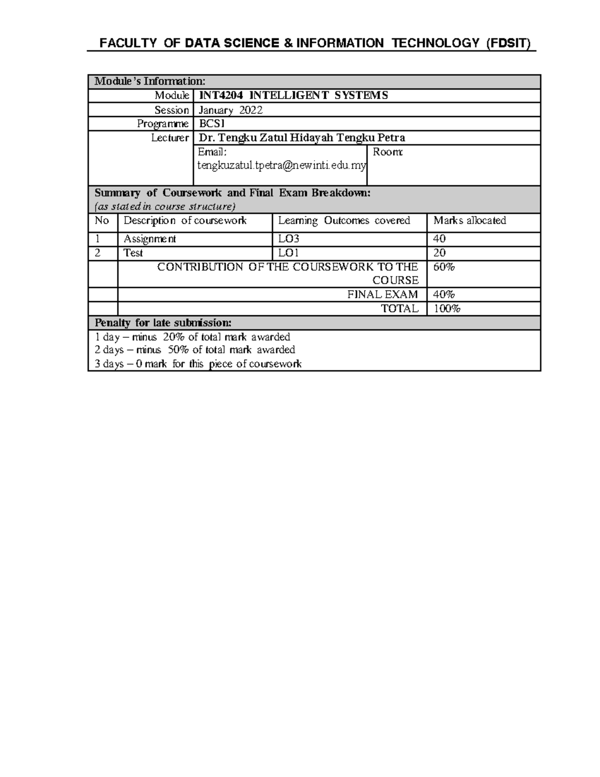 Assignment for INT4204 (Jan2022) - Module’s Information: Module INT4204 ...