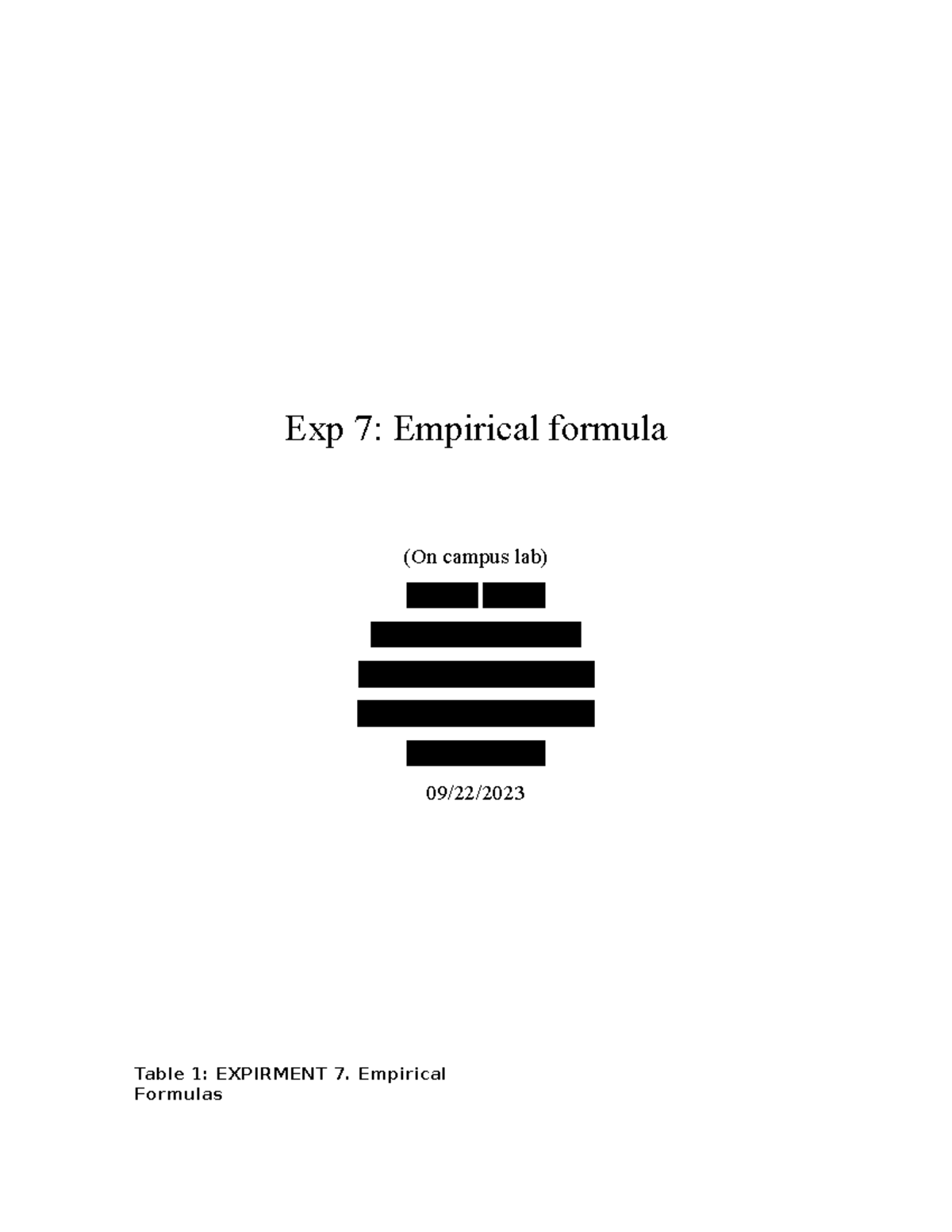 Exp 7 empirical formula lab report - Exp 7: Empirical formula (On ...