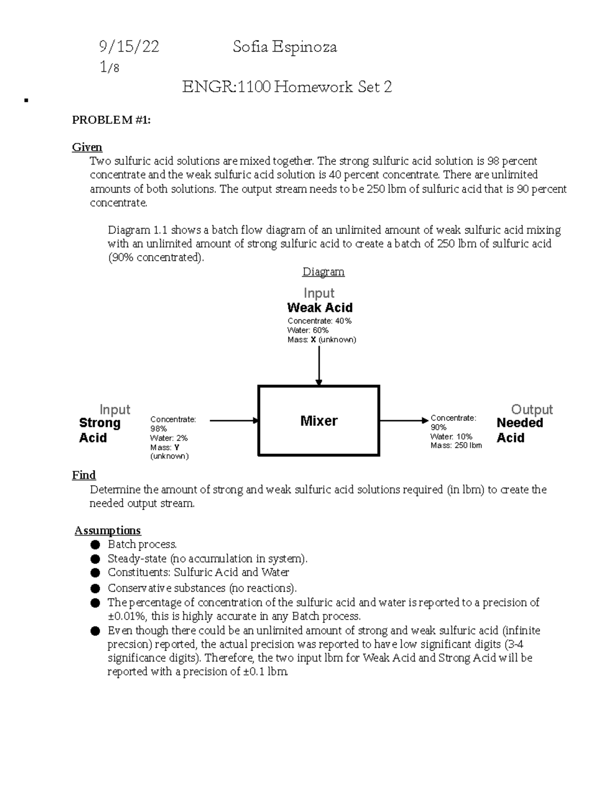 HW2-Template-2022 - Homework - 1 / 8 ENGR:1100 Homework Set 2 PROBLEM #1: Given Two sulfuric ...