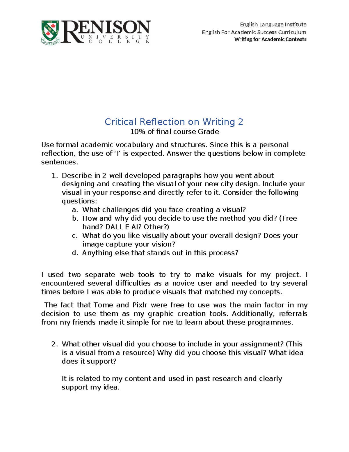 Critical Reflection on Writing 2 EFAS 340 - English For Academic ...