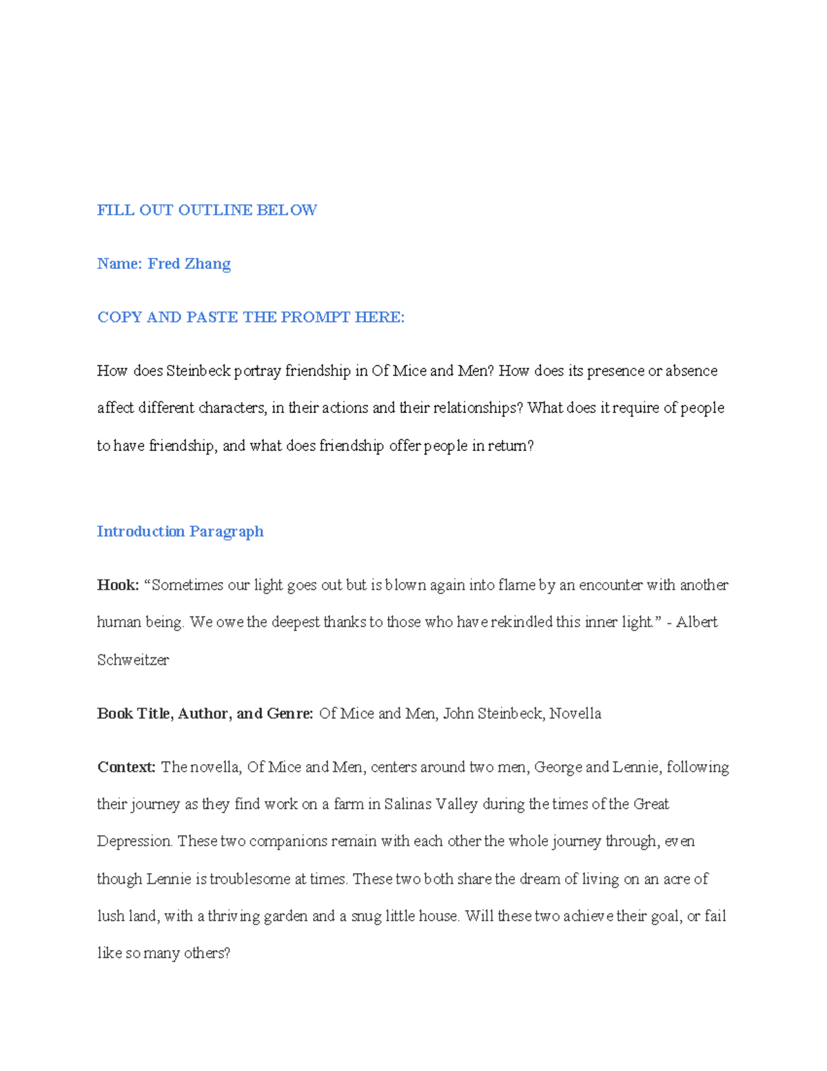 Fred Essay Outline Week 7 Of Mice and Men - FILL OUT OUTLINE BELOW Name ...