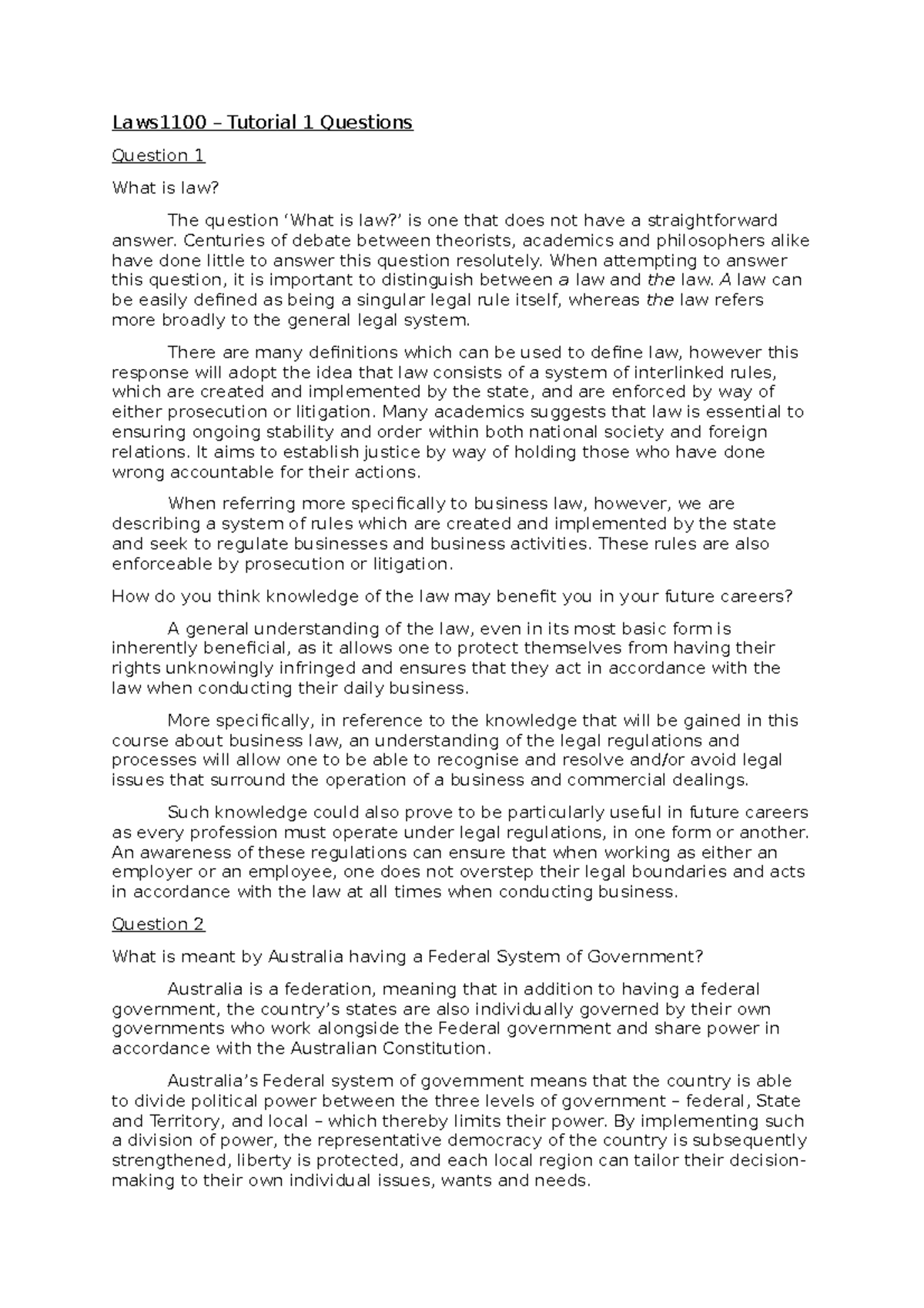 LAWS1100 - Tutorial 1 Questions - Laws1100 – Tutorial 1 Questions ...