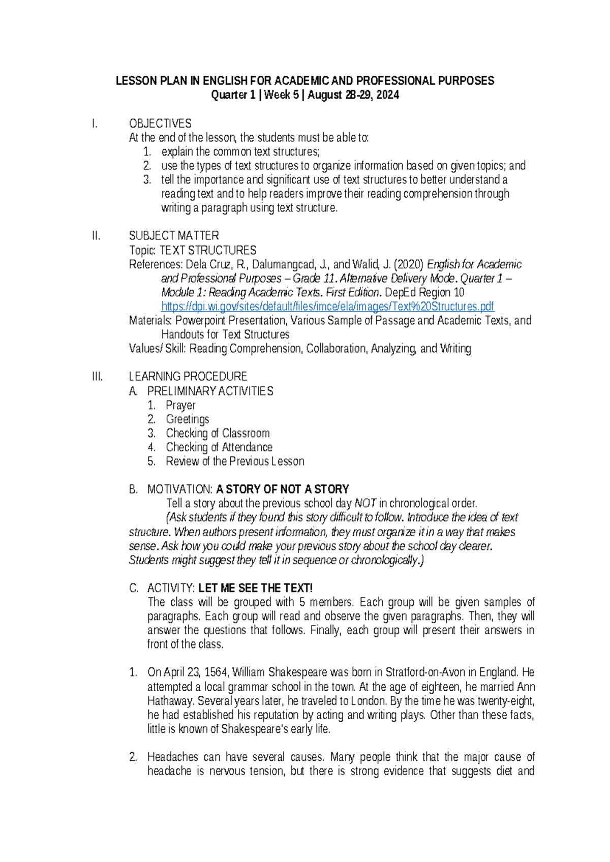 EAPP LP Q1 W5 Text Structures - LESSON PLAN IN ENGLISH FOR ACADEMIC AND ...