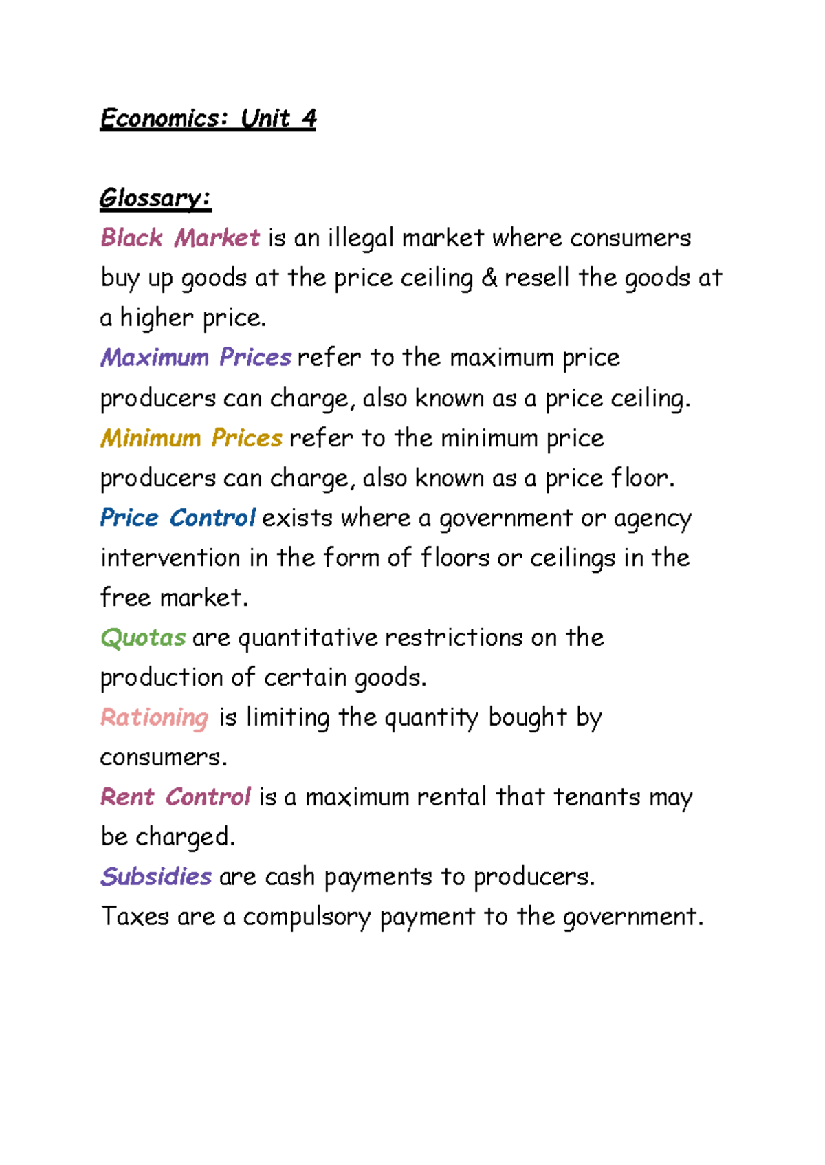 Economics Unit 4 - NOTES - Economics: Unit 4 Glossary: Black Market is ...