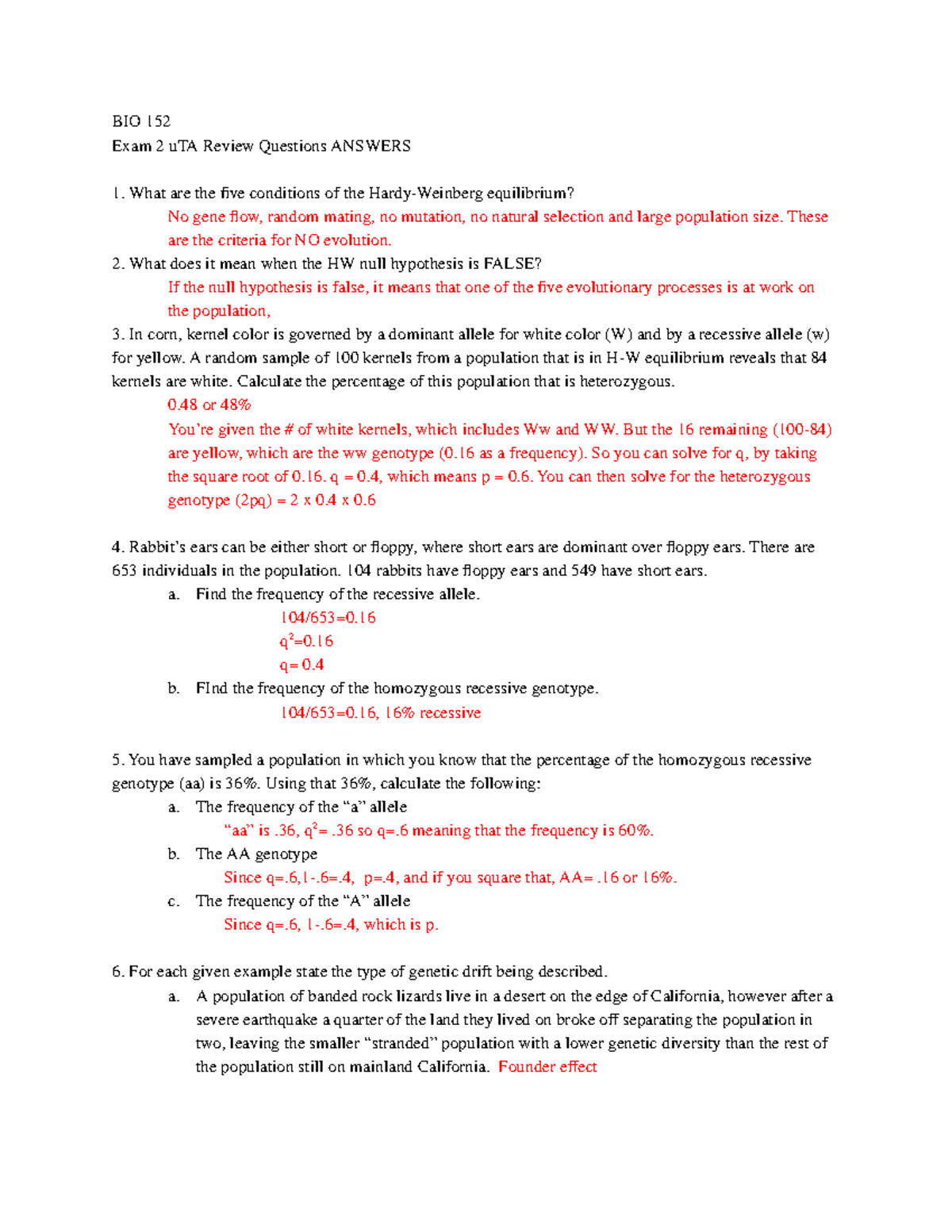 Bio 152 Exam 2 Review Question Answer KEY - BIO 152 Exam 2 uTA Review ...