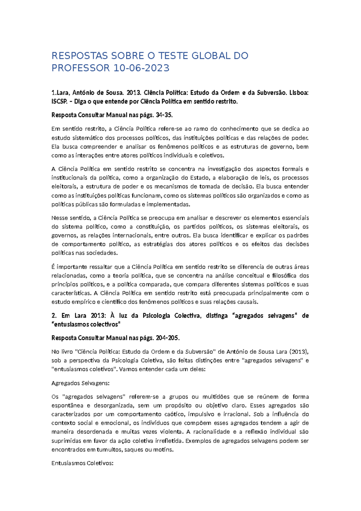 Respostas Sobre O Teste Global D 2023 Introdução à Ciência Politica ...