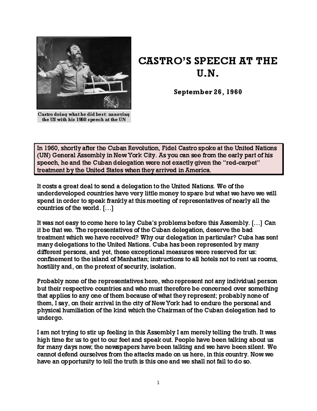 Castro's speech to the UN, 1960 - Copy - CASTRO’S SPEECH AT THE U ...