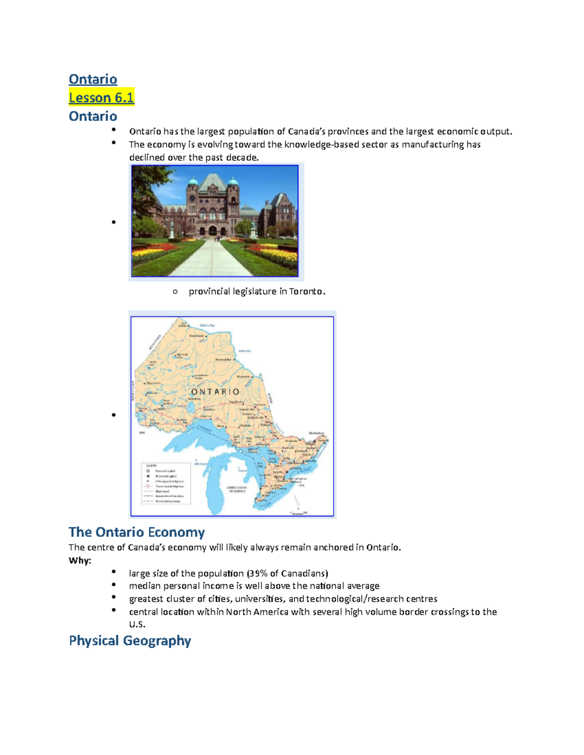 Geolesson 6 - Lecture notes 6.1 - Ontario Lesson 6. Ontario Ontario has ...