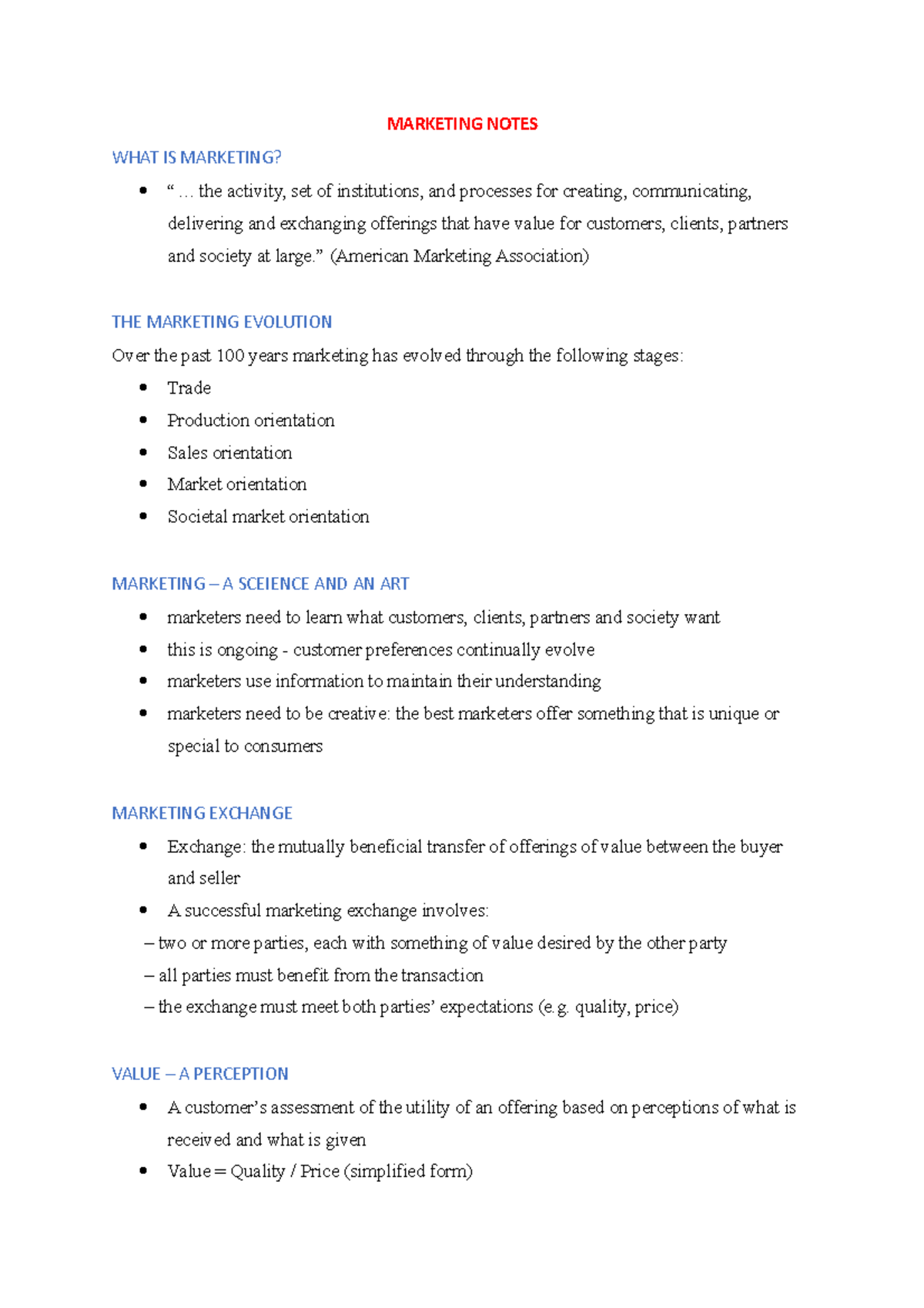 Marketing Notes - MARKETING NOTES WHAT IS MARKETING? “... the activity ...