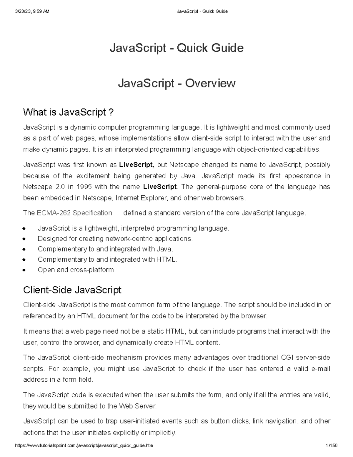 Java Script - Quick Guide - Bachelor of Science Mathematics and Computer Science - Studocu