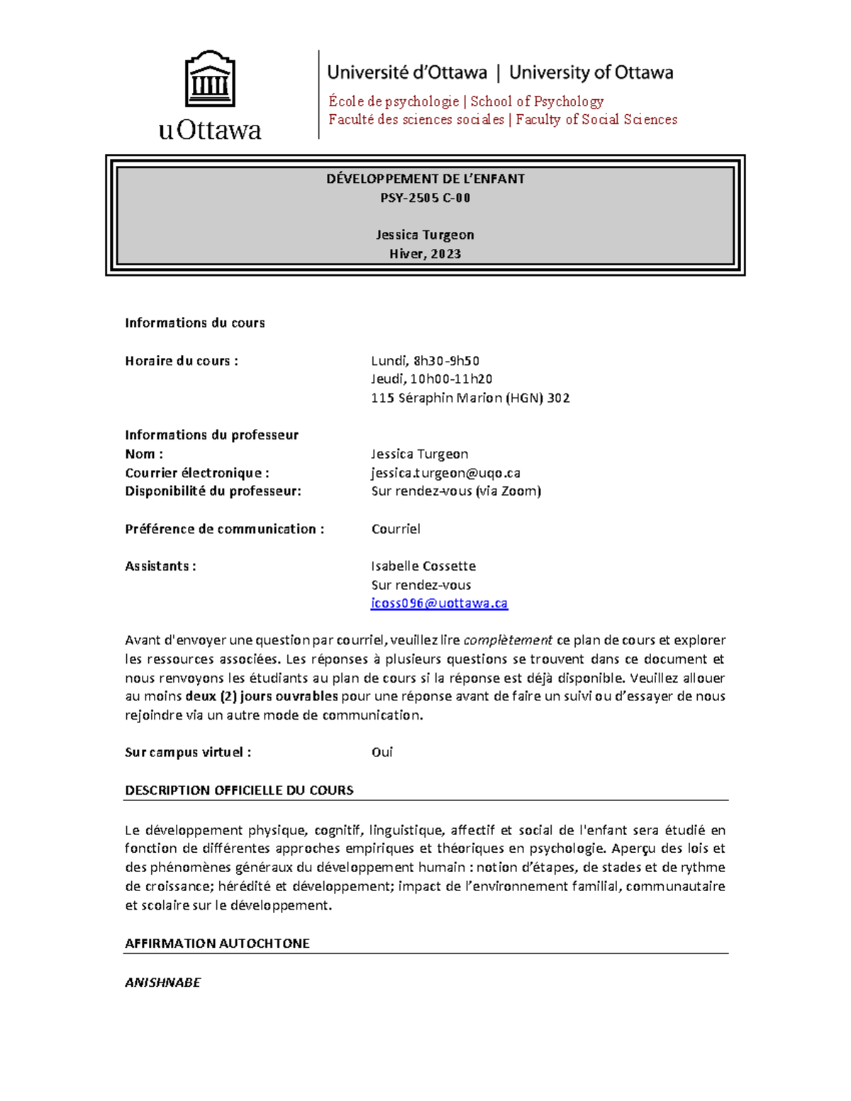 Plan cours-Hiv2023-PSY2505 C00 JT - DÉVELOPPEMENT DE L’ENFANT PSY-2505 ...