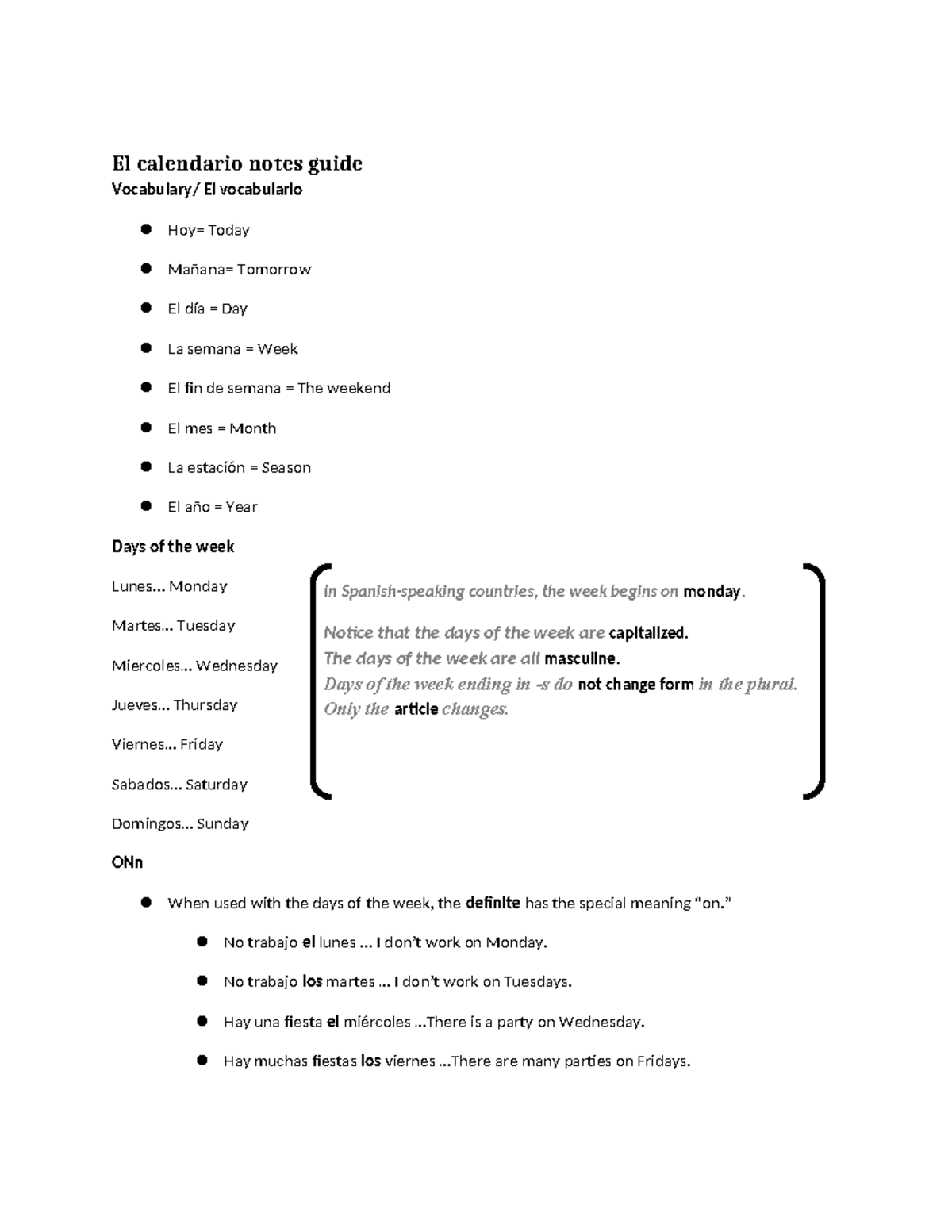 El calendario notes guide - El calendario notes guide Vocabulary/ El ...