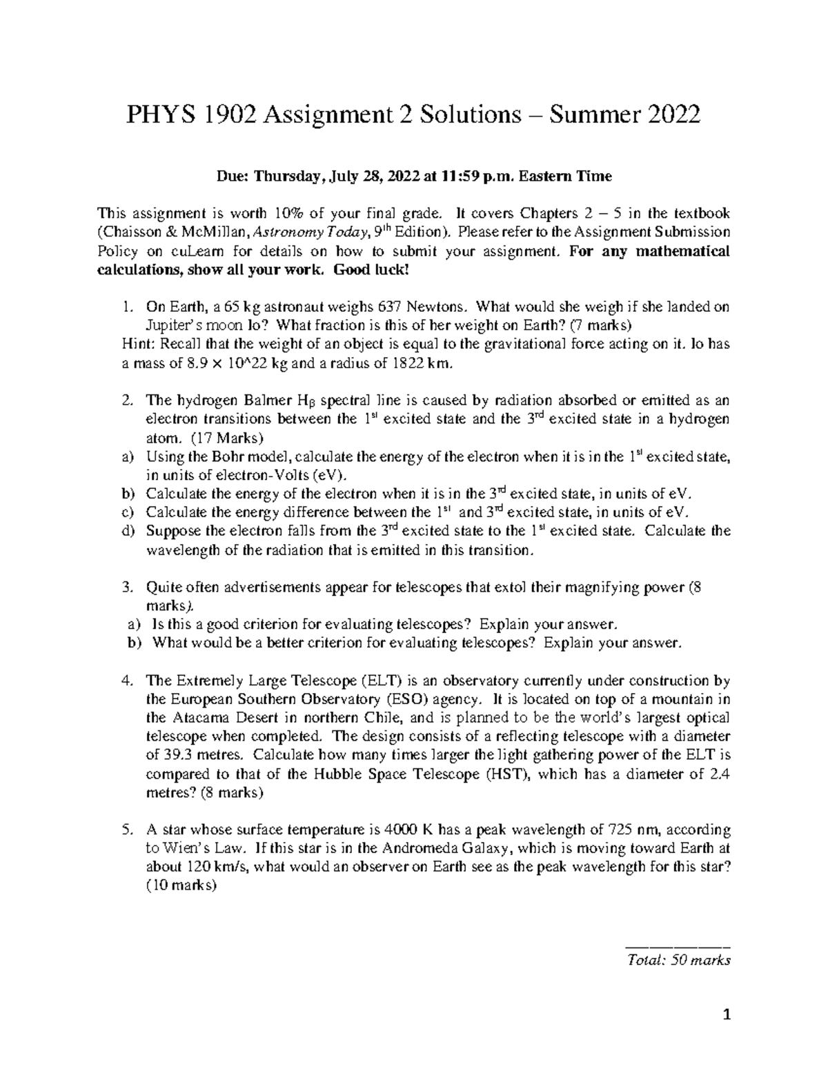 PHYS 1902 S2022 Assignment 2 - 1 PHYS 1902 Assignment 2 Solutions ...