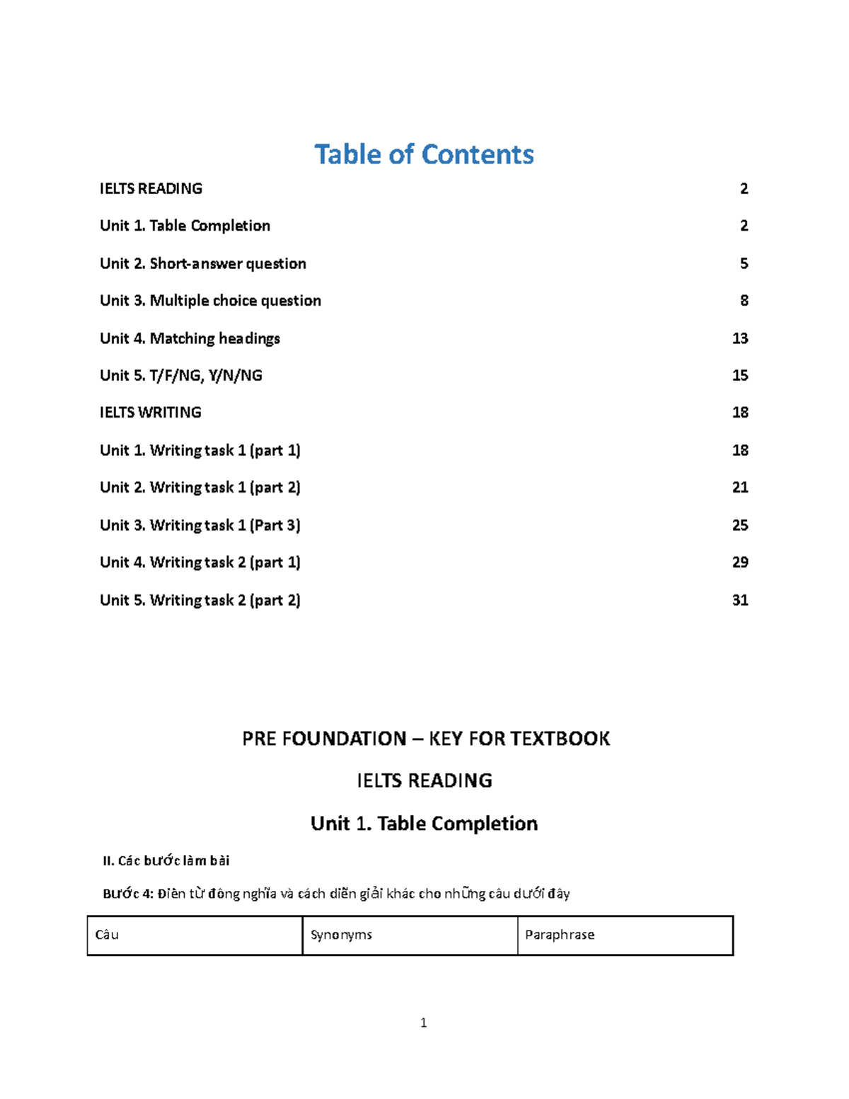 Reading + Writing PRE F (KEY) - Table of Contents IELTS READING 2 Unit ...