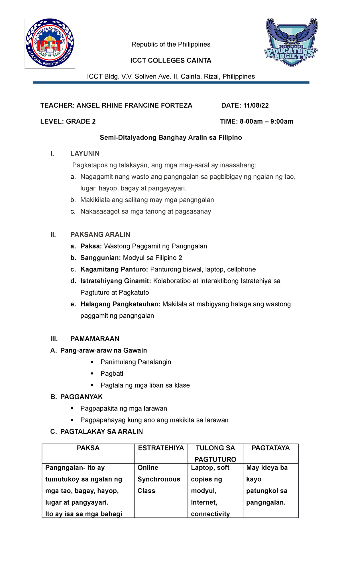 Lesson PLAN Pangngalan - Republic of the Philippines ICCT COLLEGES ...
