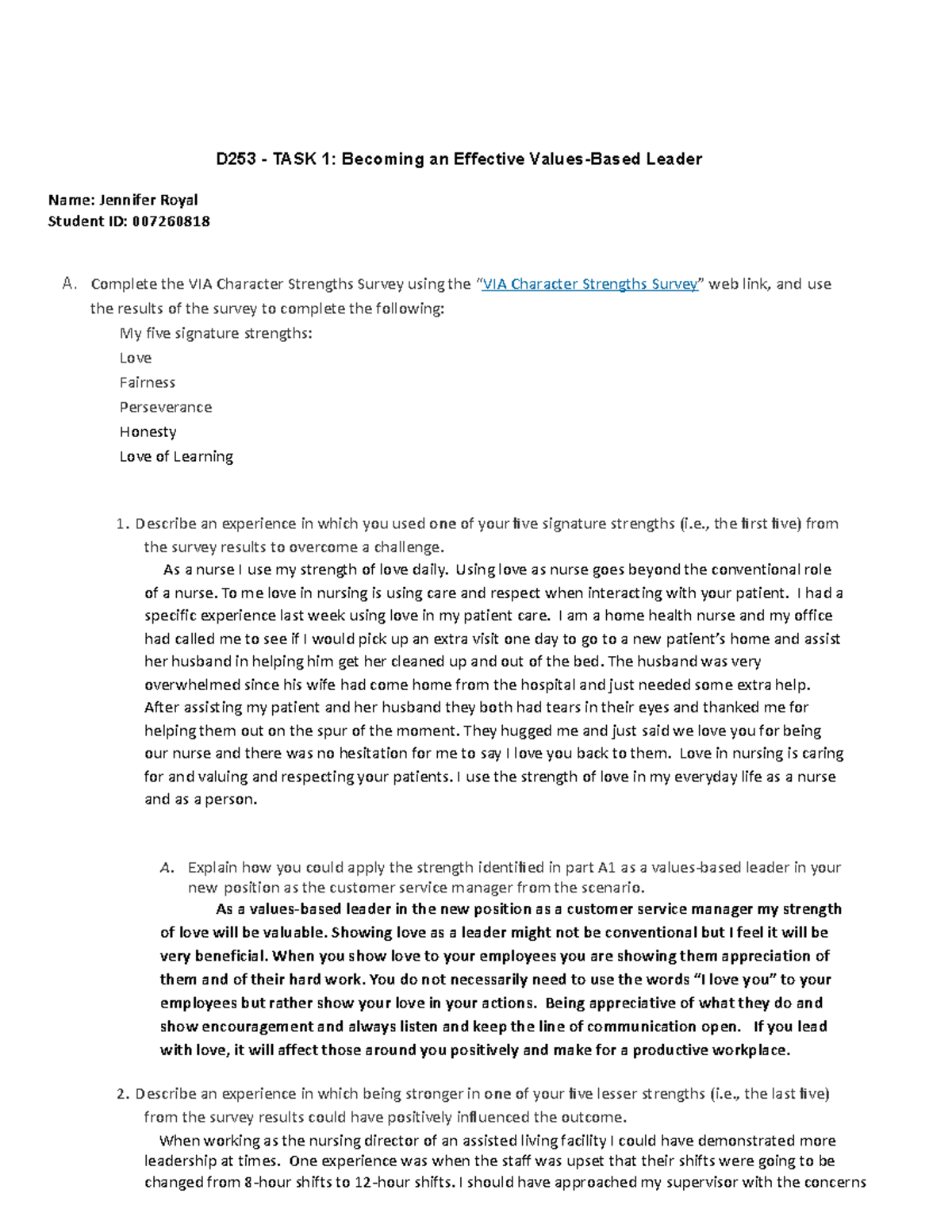 Jennifer Royal task 2 (1) Values - D253 - TASK 1: Becoming an Effective ...