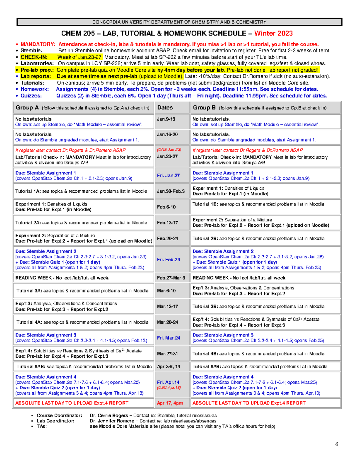 Chem205 W23 Lab tutorial Stemble Schedule CONCORDIA UNIVERSITY