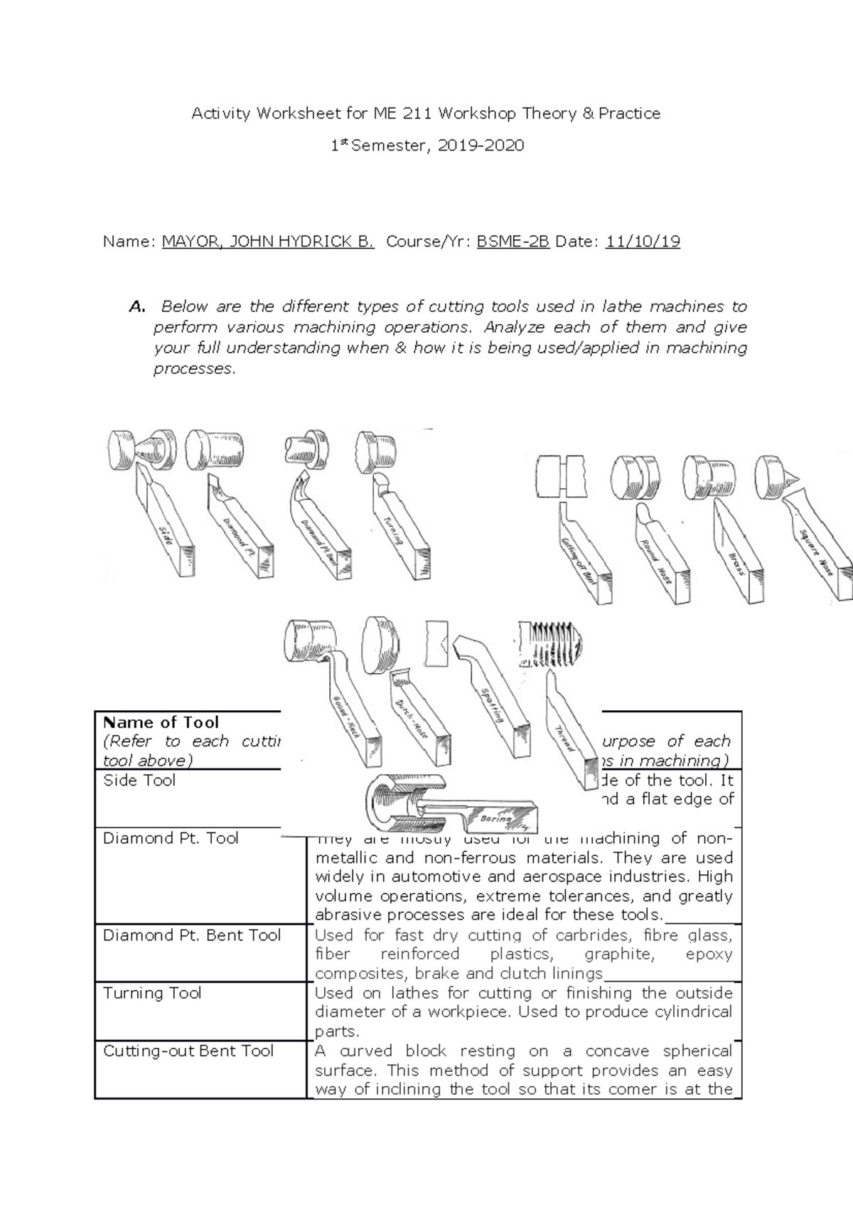 Activity for ME 211 Workshop Theory - Activity Worksheet for ME 211 ...