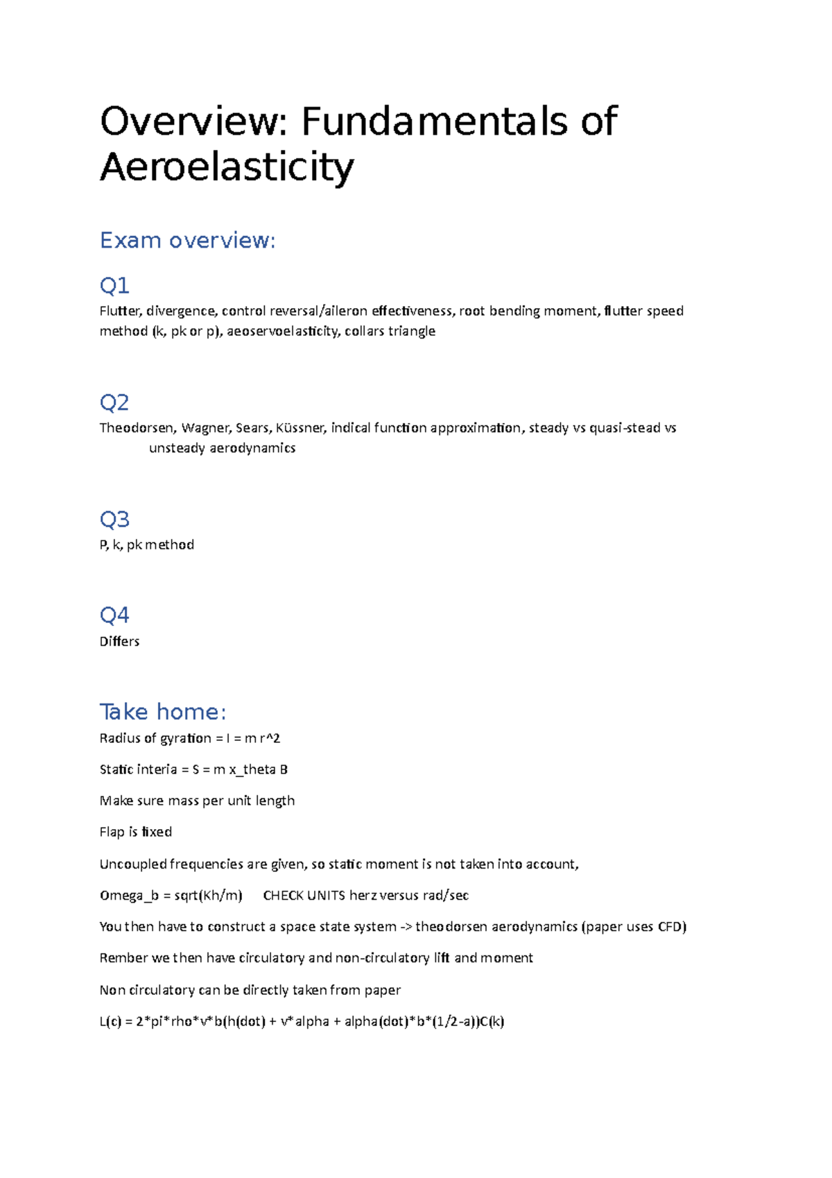 Overview of course content - Overview: Fundamentals of Aeroelasticity Exam overview: Q1 Flutter ...