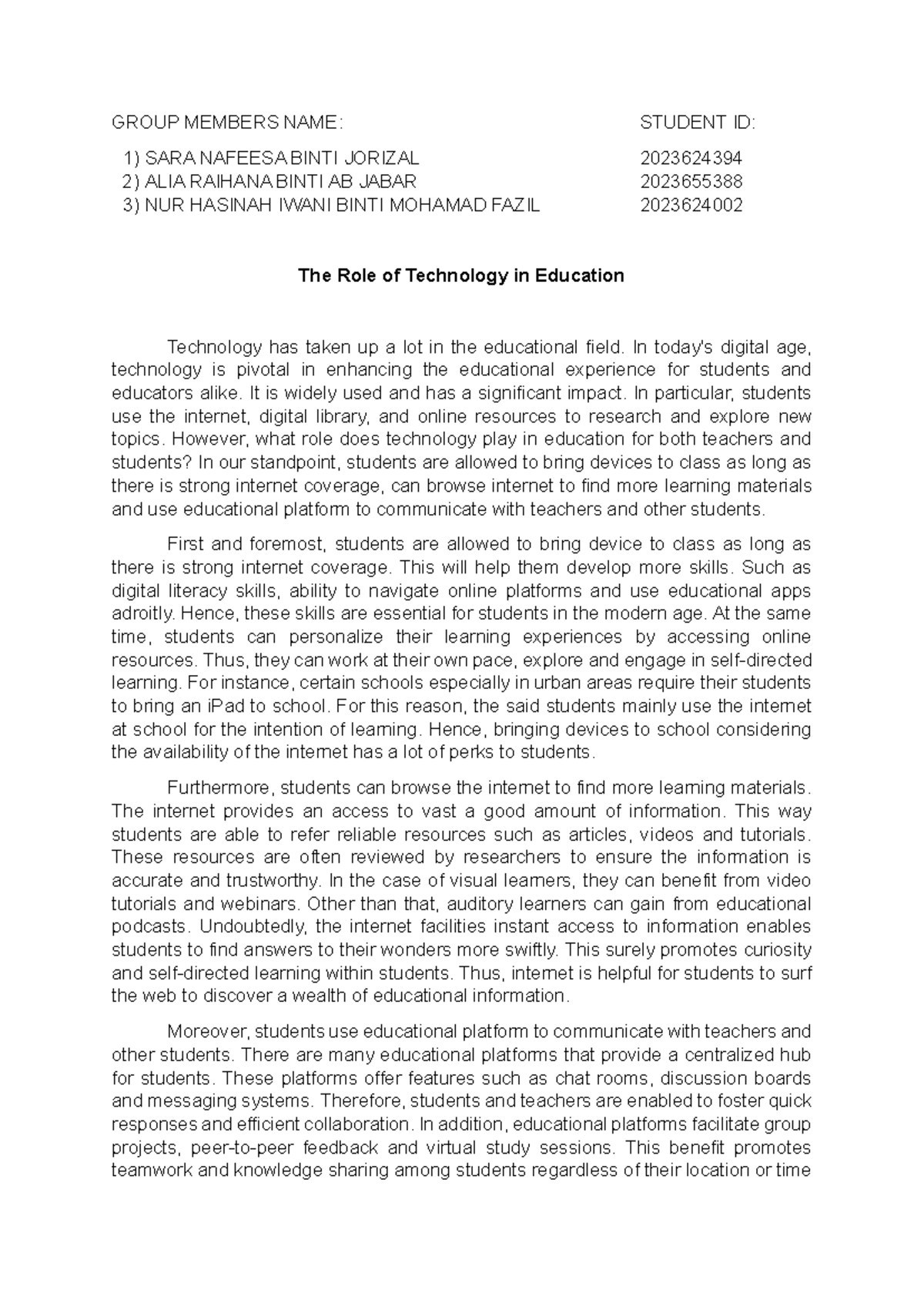 The Role of Technology in Education (complete essay) - GROUP MEMBERS ...