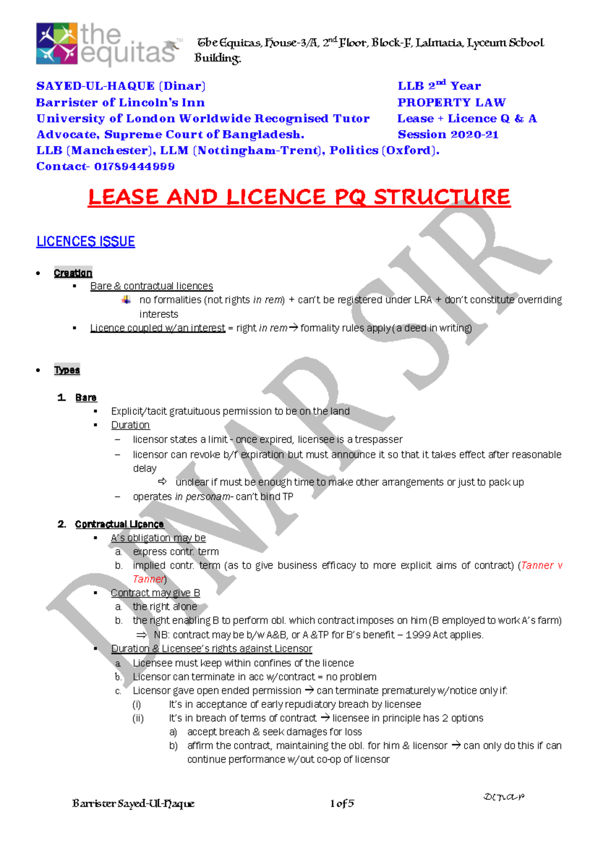 Lease AND Licence PQ Material - Building. SAYED-UL-HAQUE (Dinar) LLB 2 ...