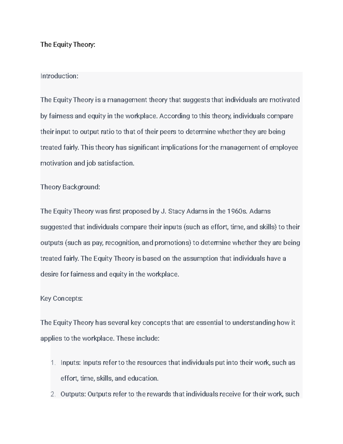The Equity Theory - The Equity Theory: Introduction: The Equity Theory ...
