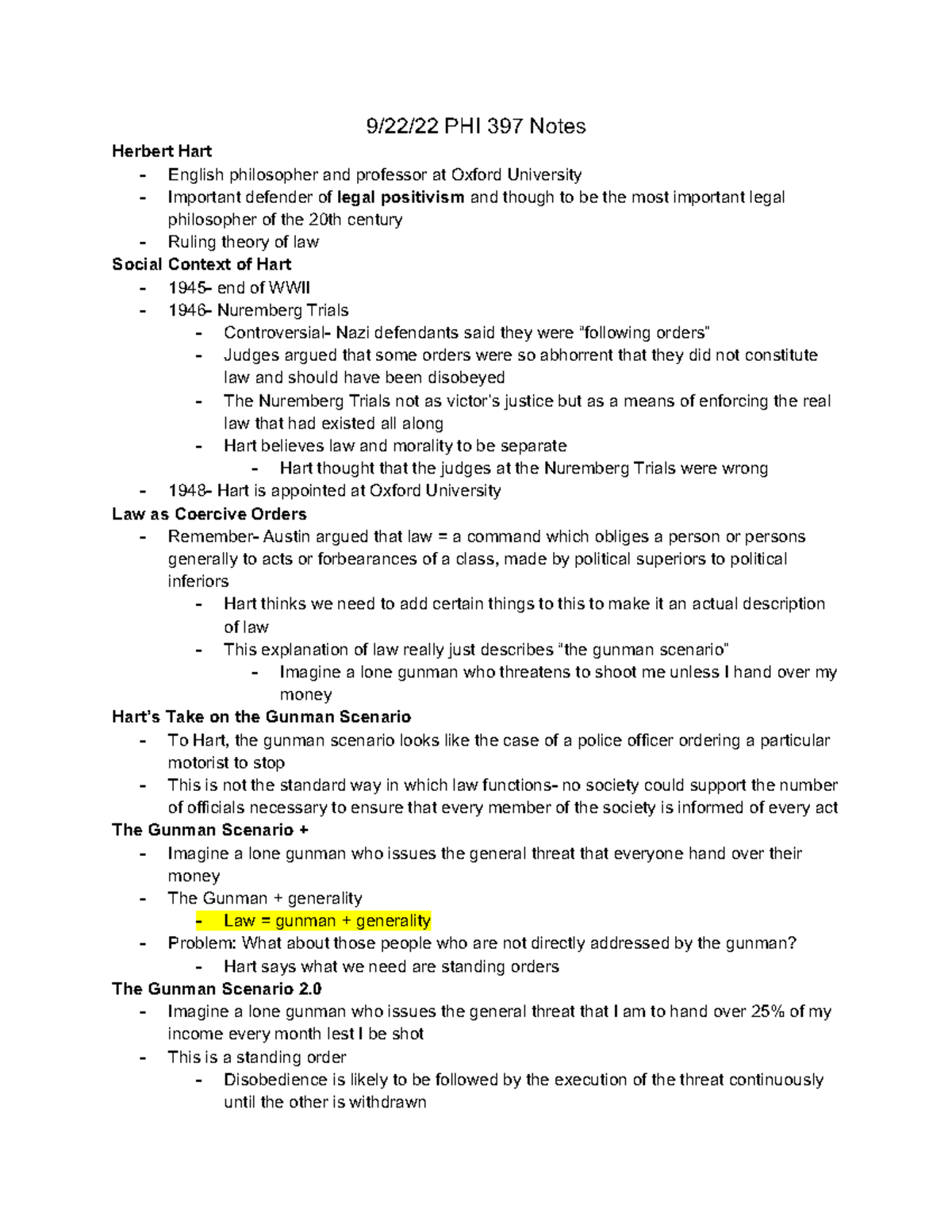 PSC 375 - 9 22 PHI 397 Notes - 9/22/22 PHI 397 Notes Herbert Hart ...