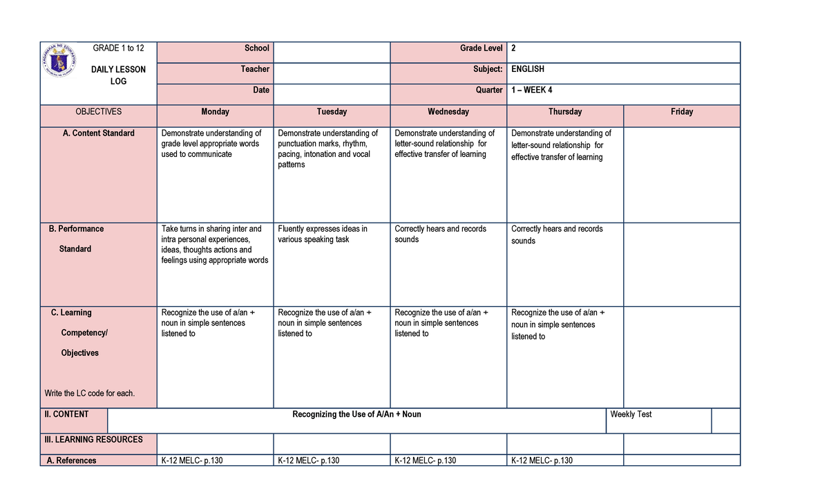 WEEK4-dll- English - DLL - GRADE 1 to 12 DAILY LESSON LOG School Grade ...