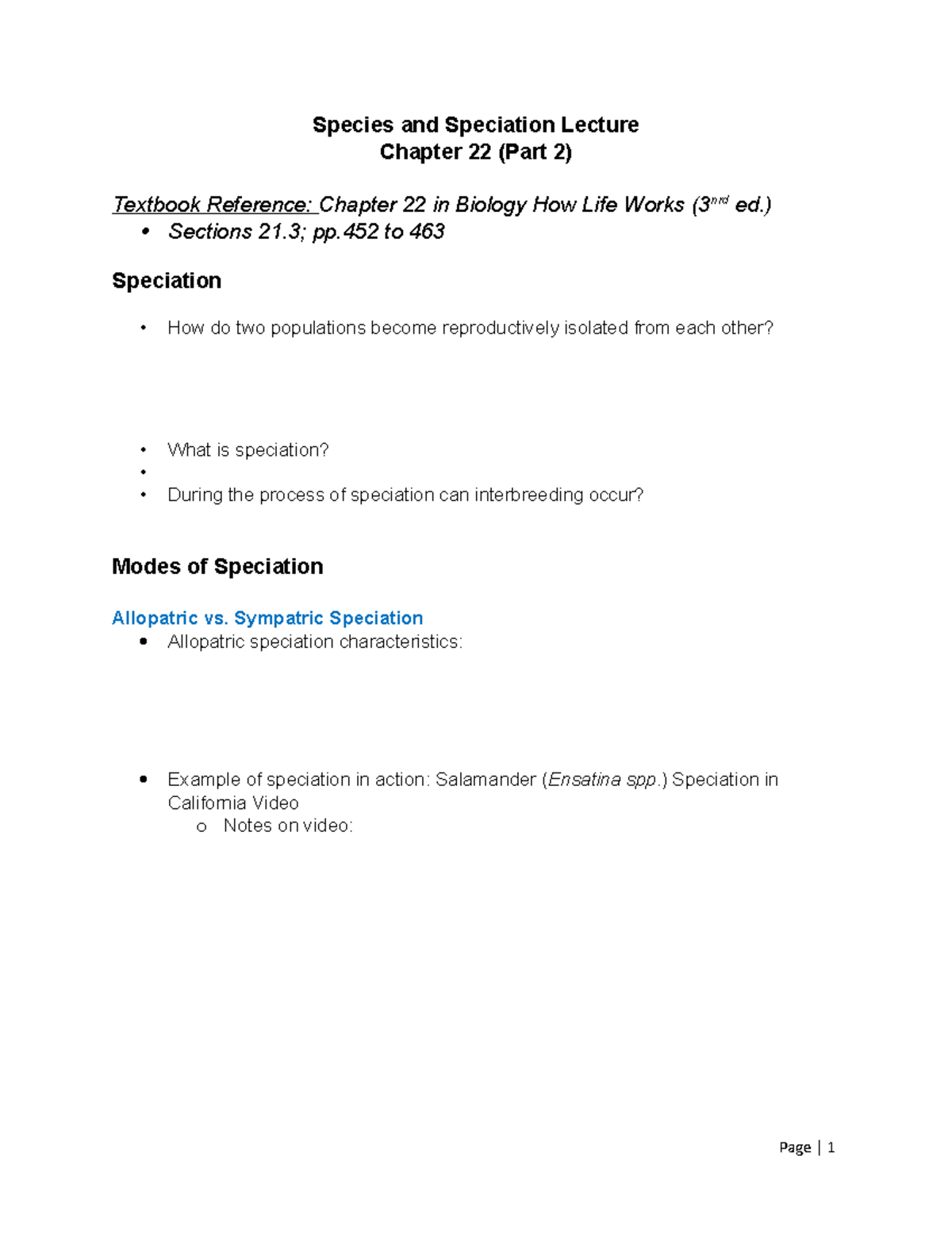 Chapter 21- Pt 2 : Species and Speciation Lecture #16 - Species and ...