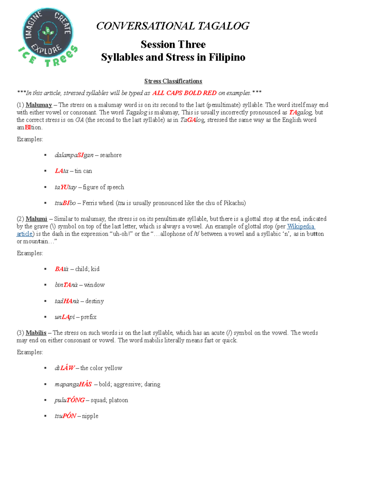 Session 3 - Syllables and Stress in Filipino - CONVERSATIONAL TAGALOG ...